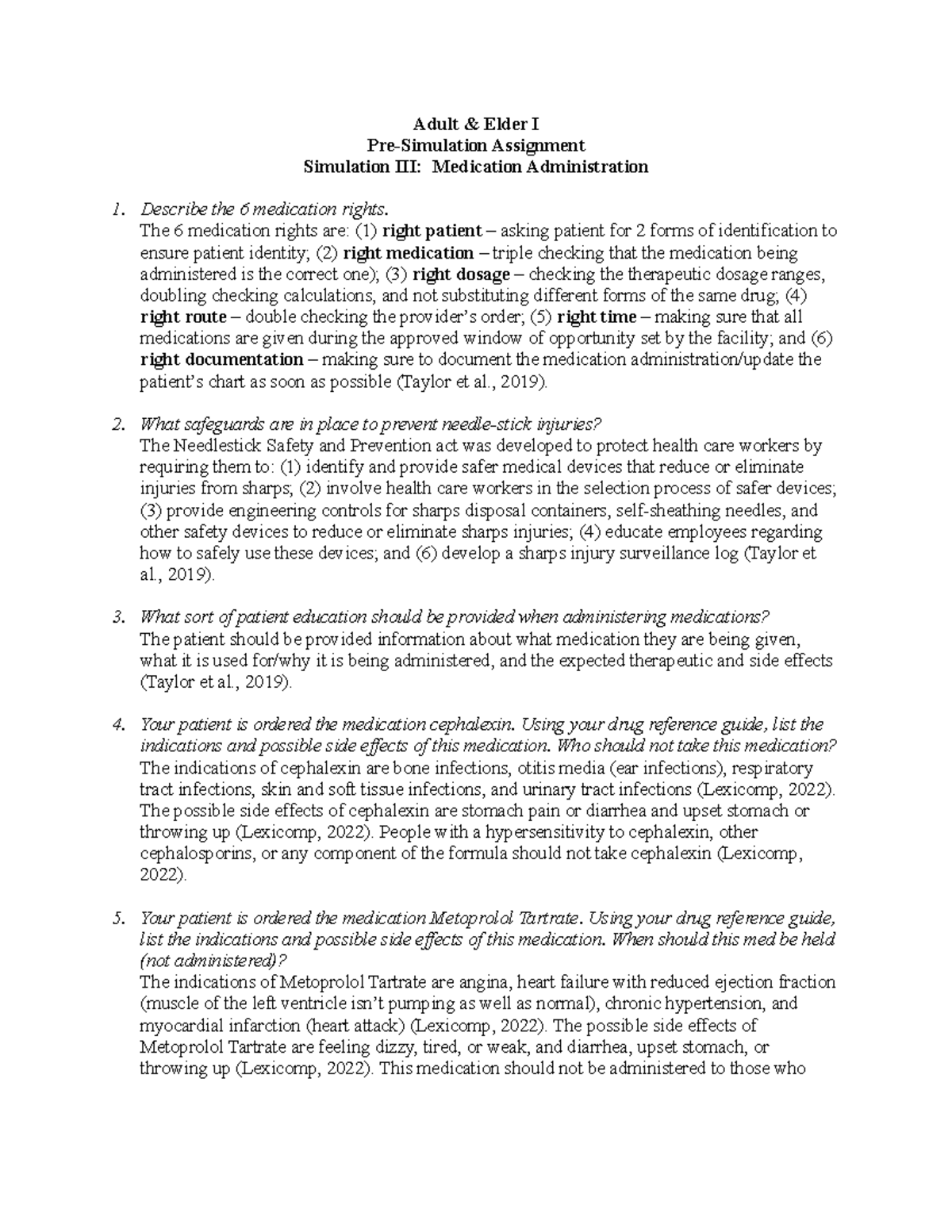 AE1 Simulation 3 Pre Sim - Adult & Elder I Pre-Simulation Assignment Simulation III: Medication ...