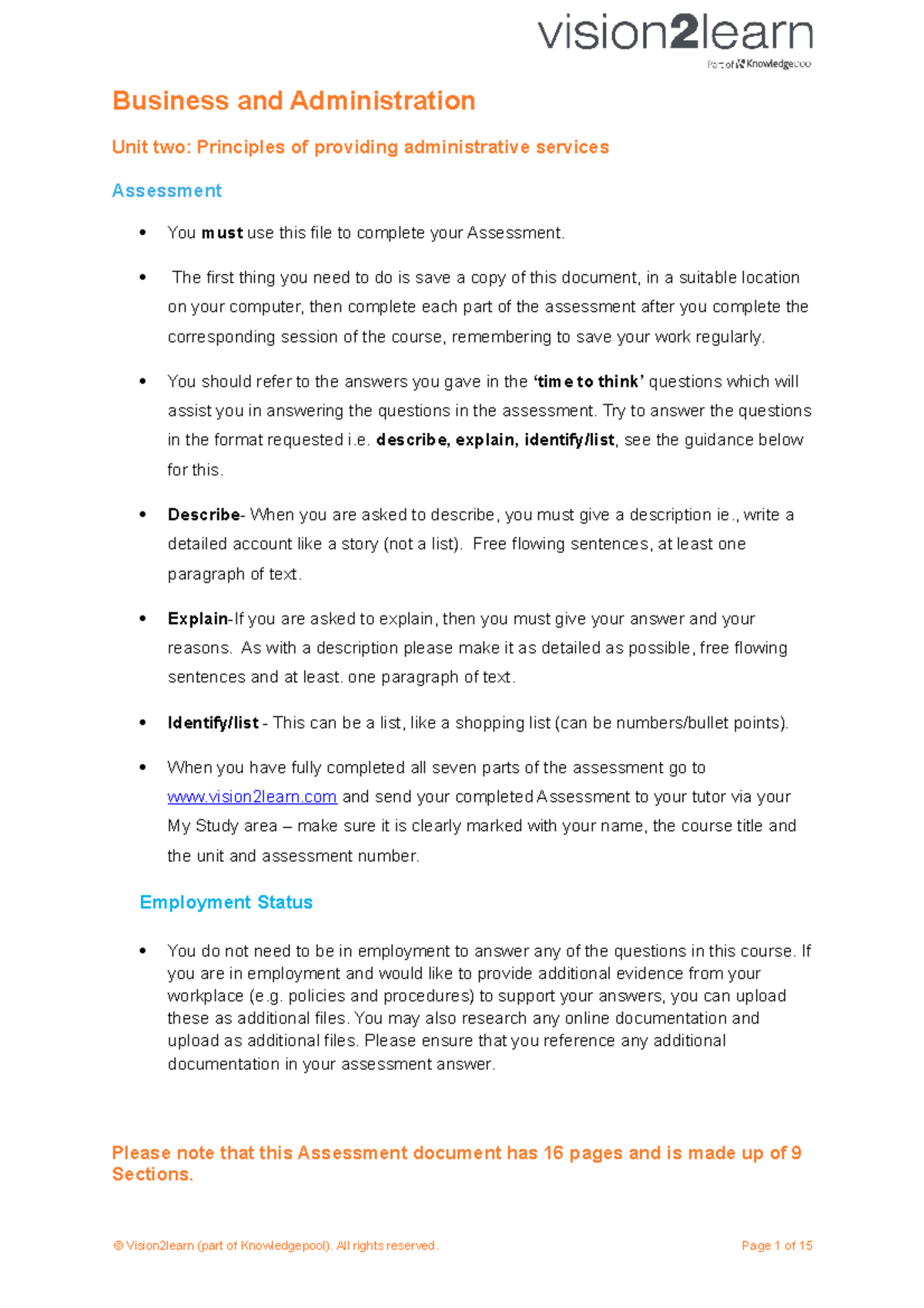 Business-admin-u2-assessment - Unit two: Principles of providing ...
