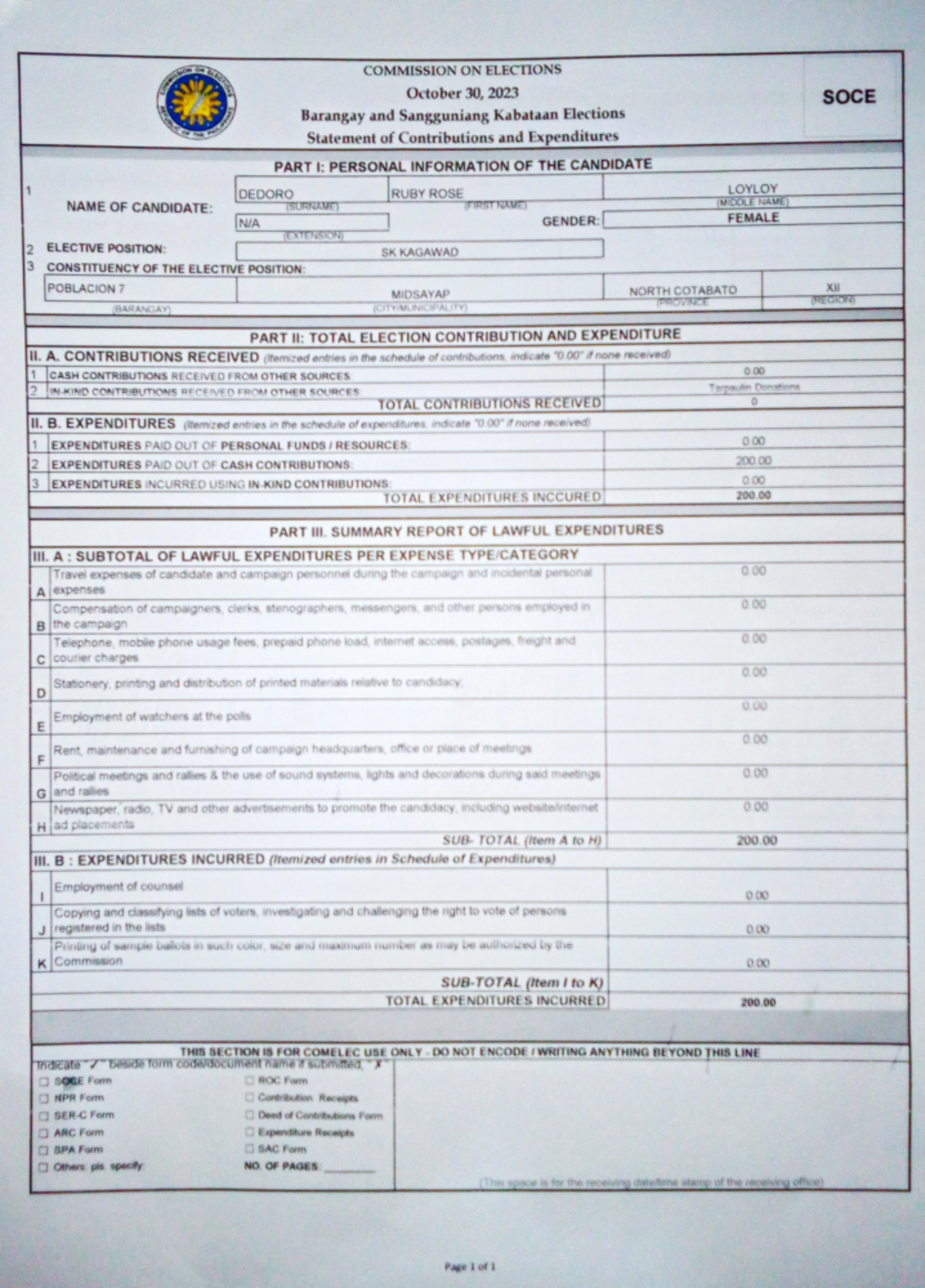 SOCE FORM RUBY ROSE Dedoro - ON COMMISSION ON ELECTIONS October 30 ...