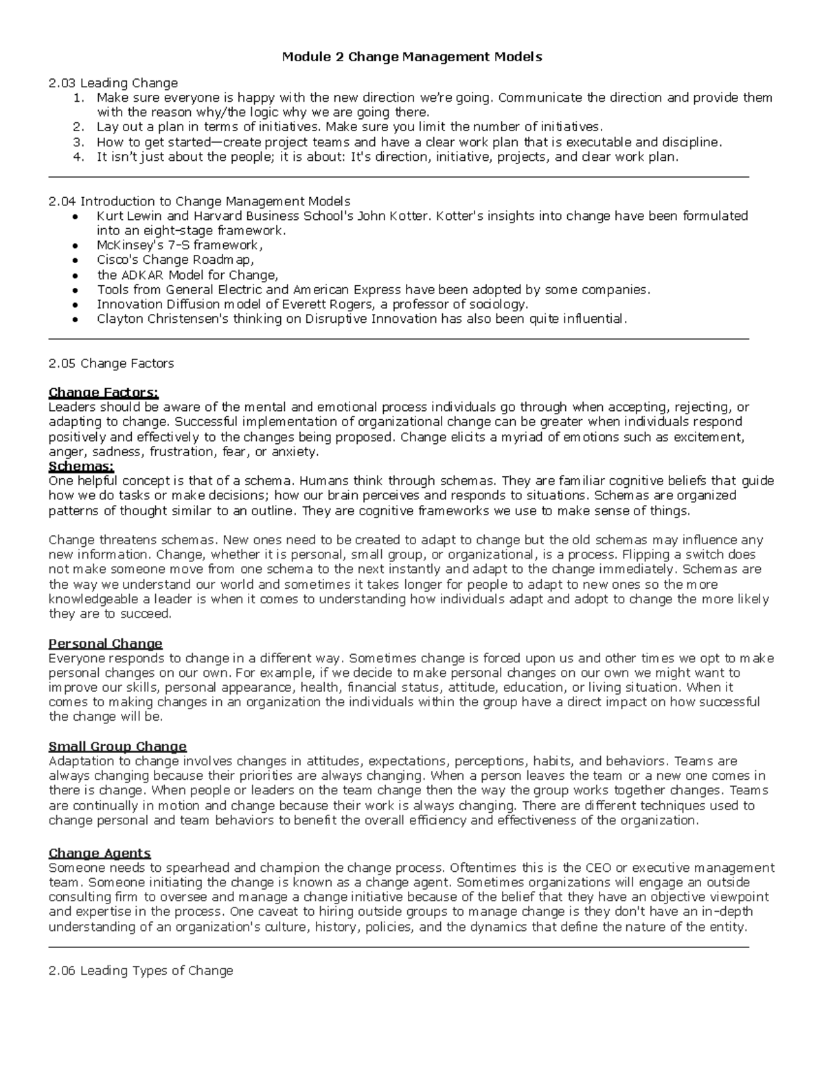 Change Management Module 2 Notes - Module 2 Change Management Models 2 ...
