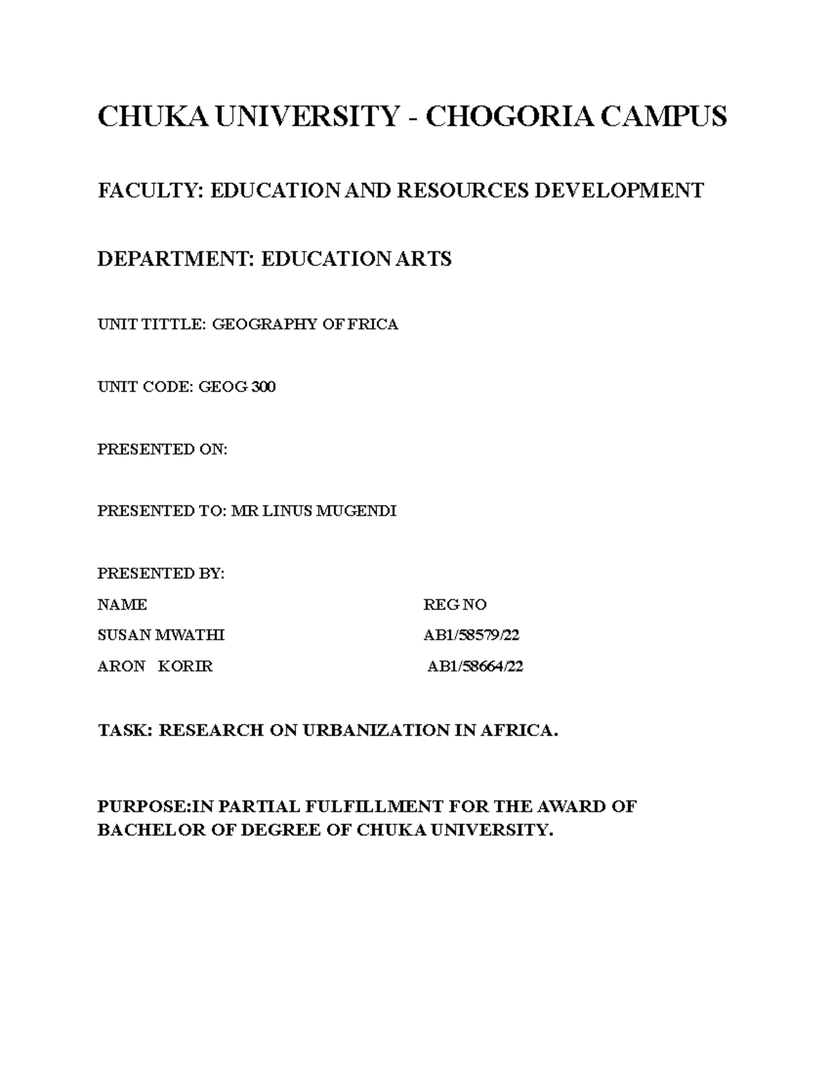 Chuka University - unbanization in africa - CHUKA UNIVERSITY - CHOGORIA ...