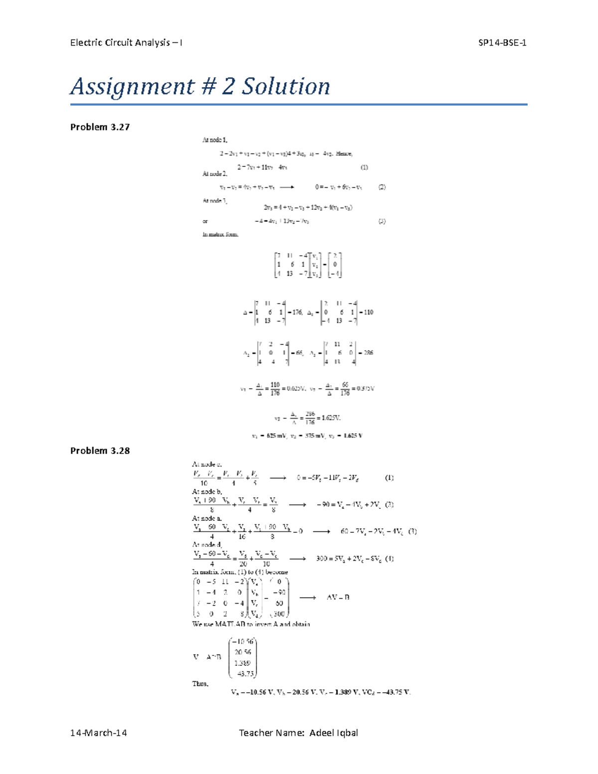 Assignment 2 Solution Paper For Eca1 Fundamental Of Electric Circuits