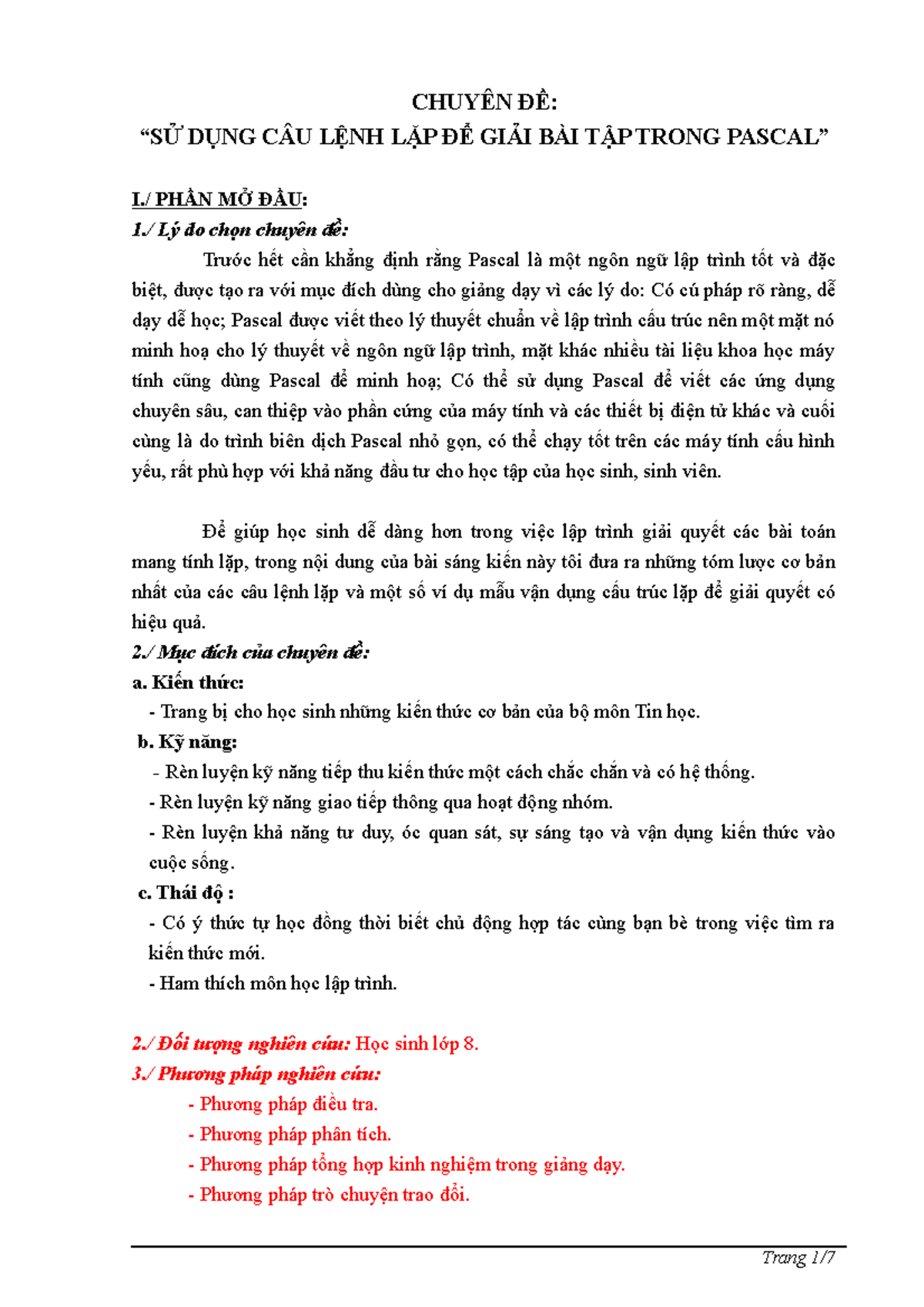 Chuyen de Bai tap ve cau lenh lap trong Pascal - CHUYÊN ĐỀ: “SỬ DỤNG ...