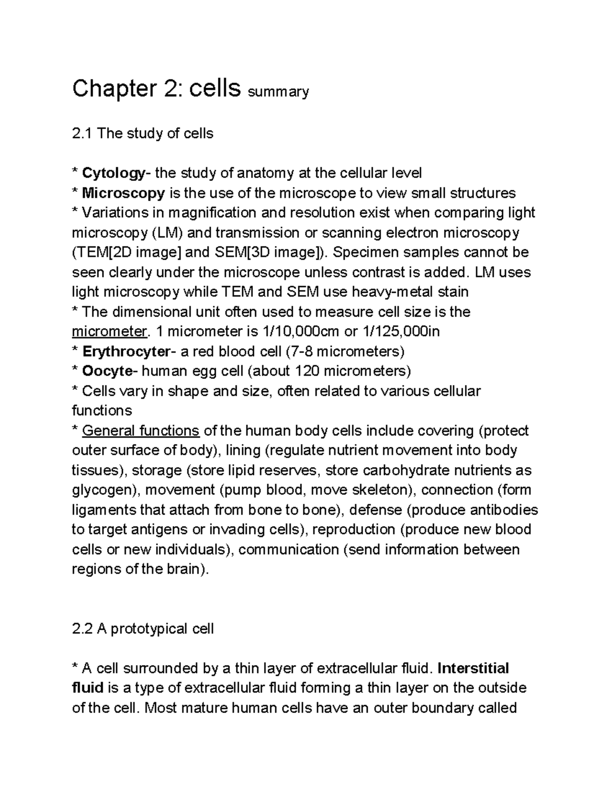 Chapter 2 cells summary - Chapter 2: cells summary 2 The study of cells ...