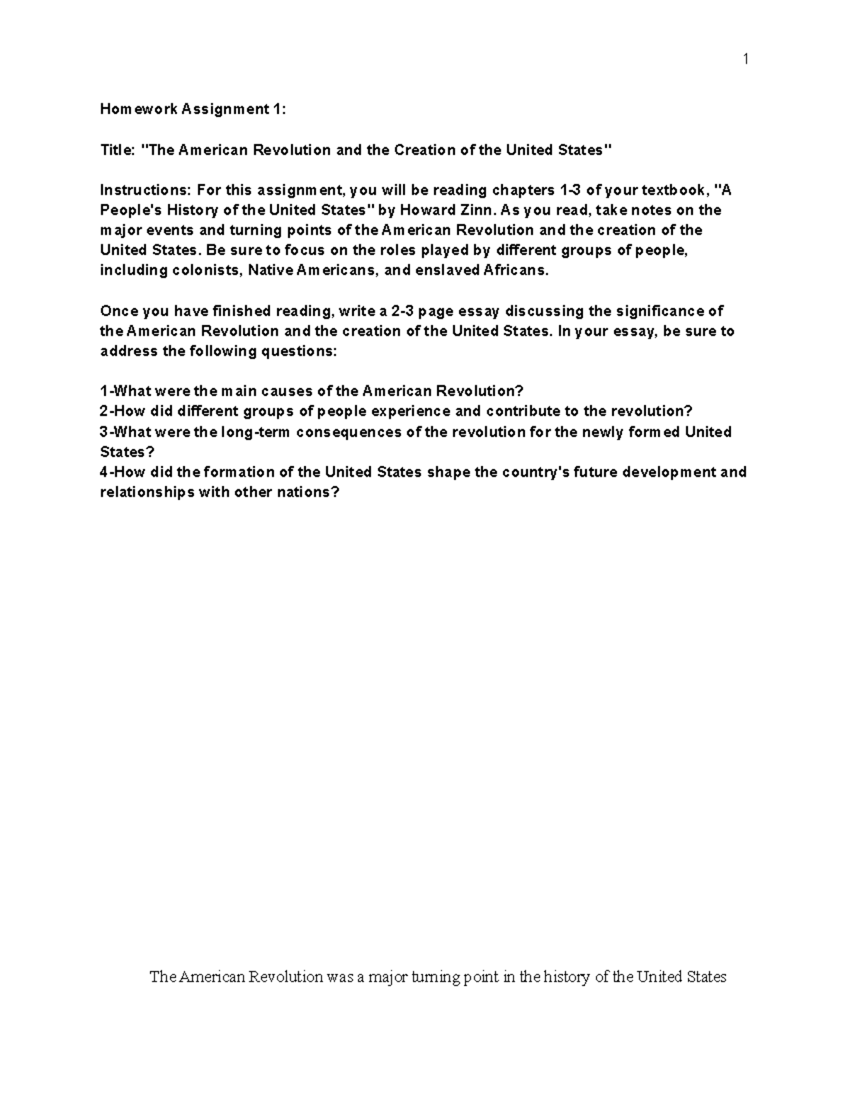 HIST017B HW1 - Homework Assignment 1: Title: "The American Revolution ...