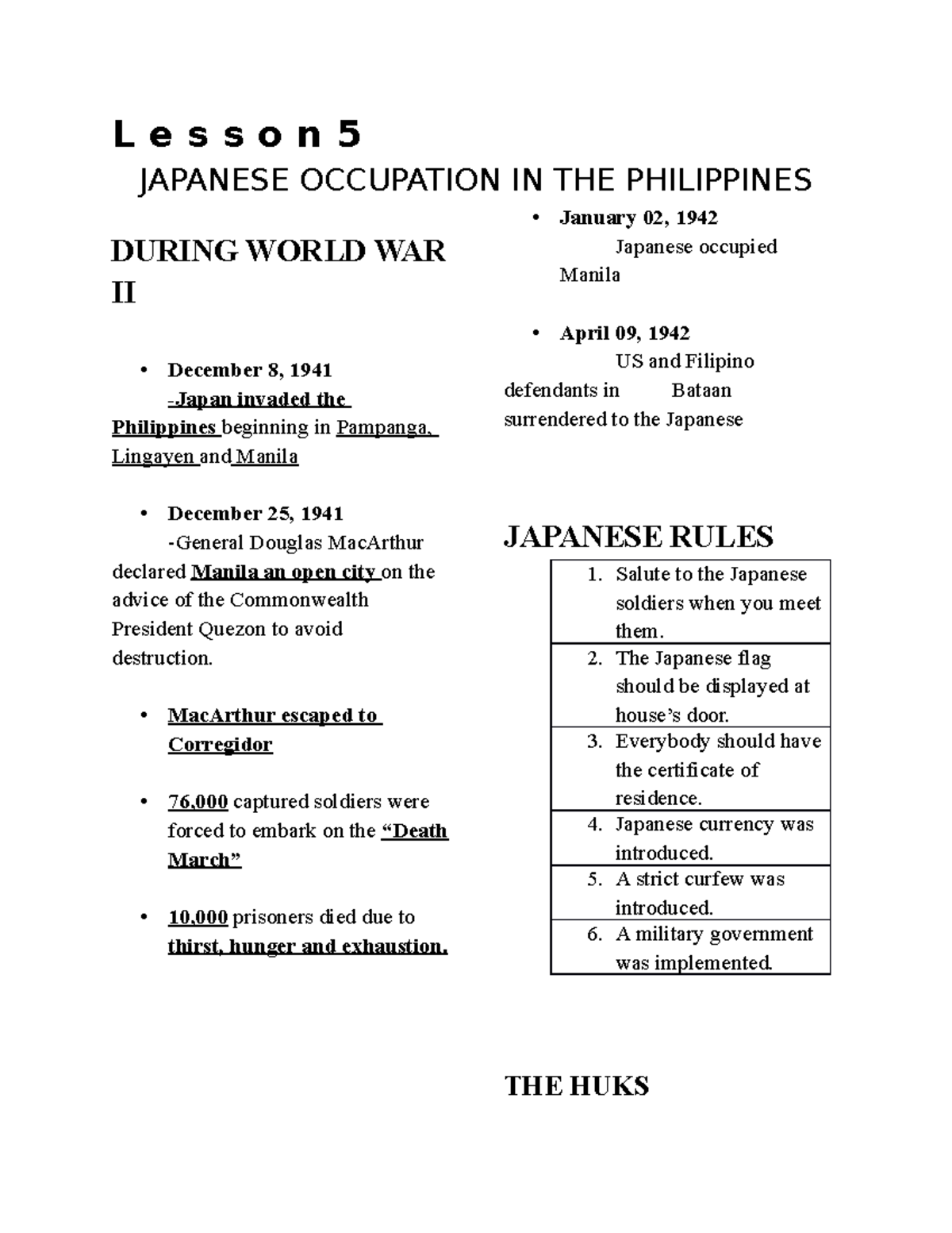 History Lesson 5 - 7 - Lecture notes 1 - L e s s o n 5 JAPANESE ...