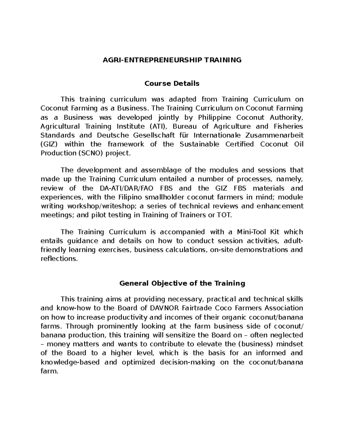 Agri- Entrep Training Module - AGRI-ENTREPRENEURSHIP TRAINING Course ...