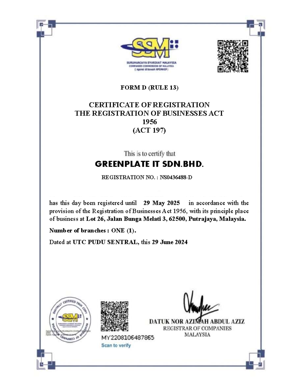 SSM Certificate - GREENPLATE IT SDN. REGISTRATION NO. : NS0436488-D CERTIFICATE OF REGISTRATION ...