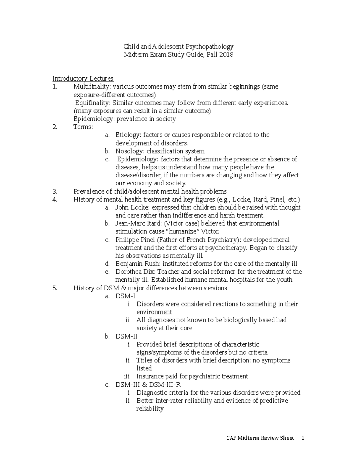 Study sheet - Child and Adolescent Psychopathology Midterm Exam Study ...