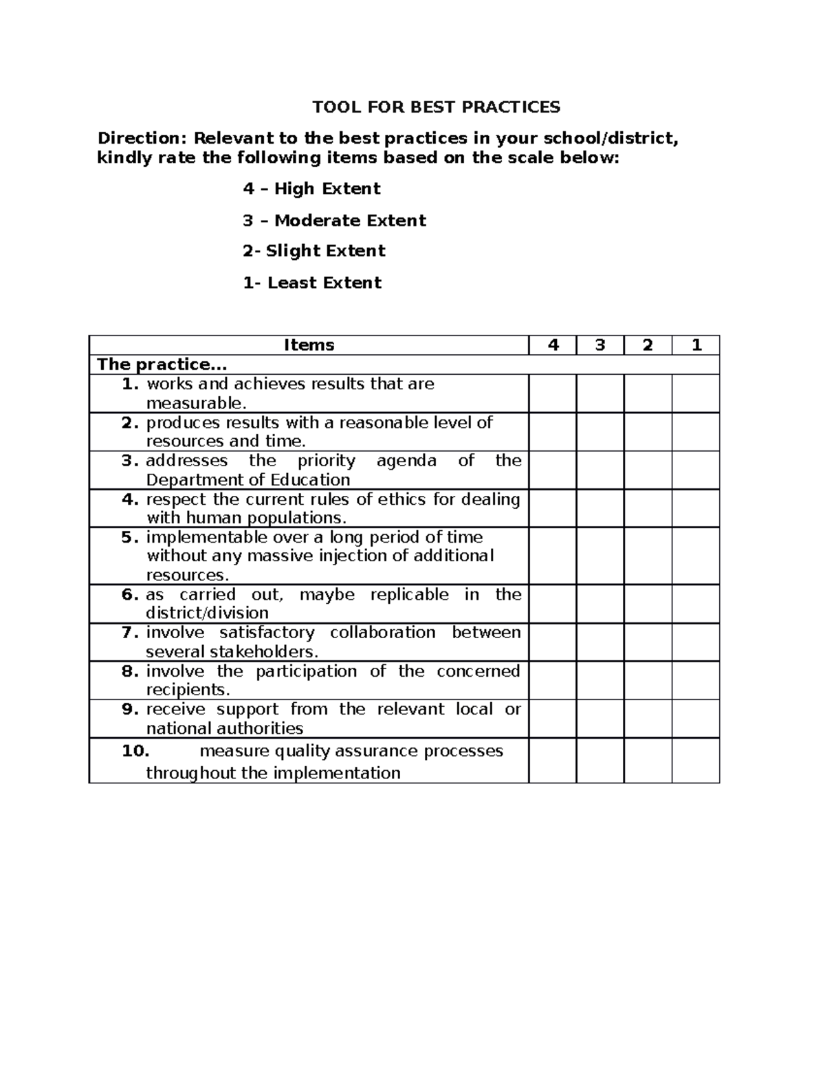 BEST Practice TOOL- Reference - TOOL FOR BEST PRACTICES Direction ...