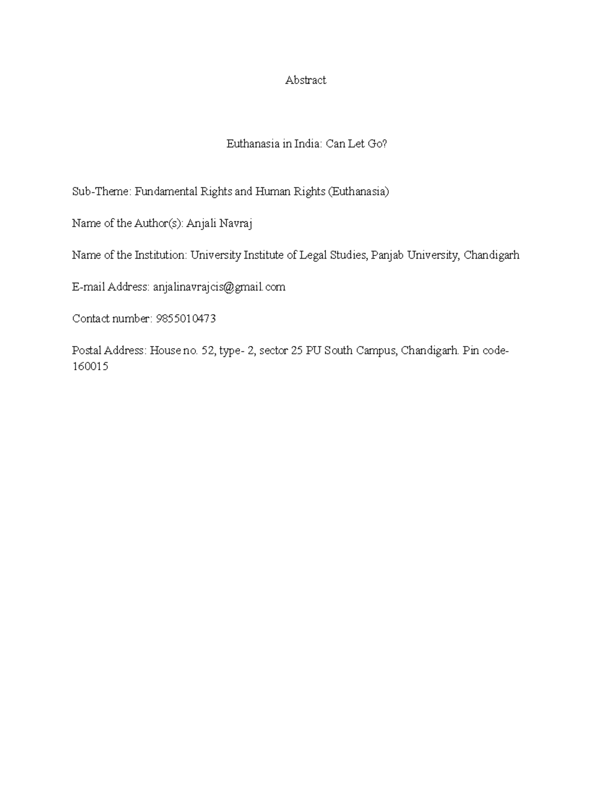 Abstract on euthanasia - Abstract Euthanasia in India: Can Let Go? Sub ...