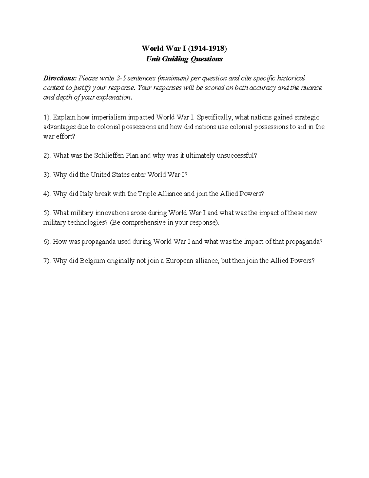 WWI Guiding Questions - N/a - World War I (1914-1918) Unit Guiding ...