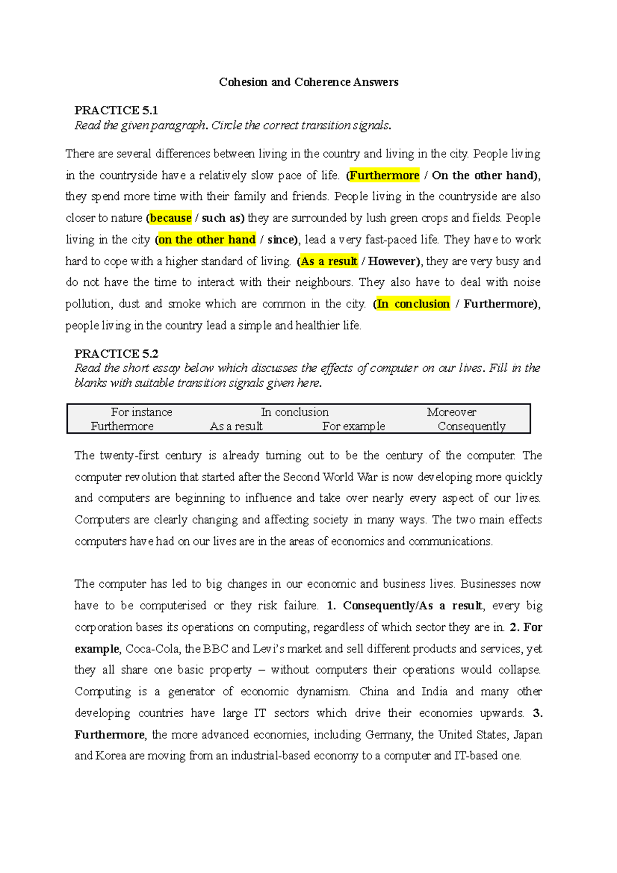 Coherence AND Cohesion Answers 01 - Cohesion and Coherence Answers PRACTICE 5. Read the given ...