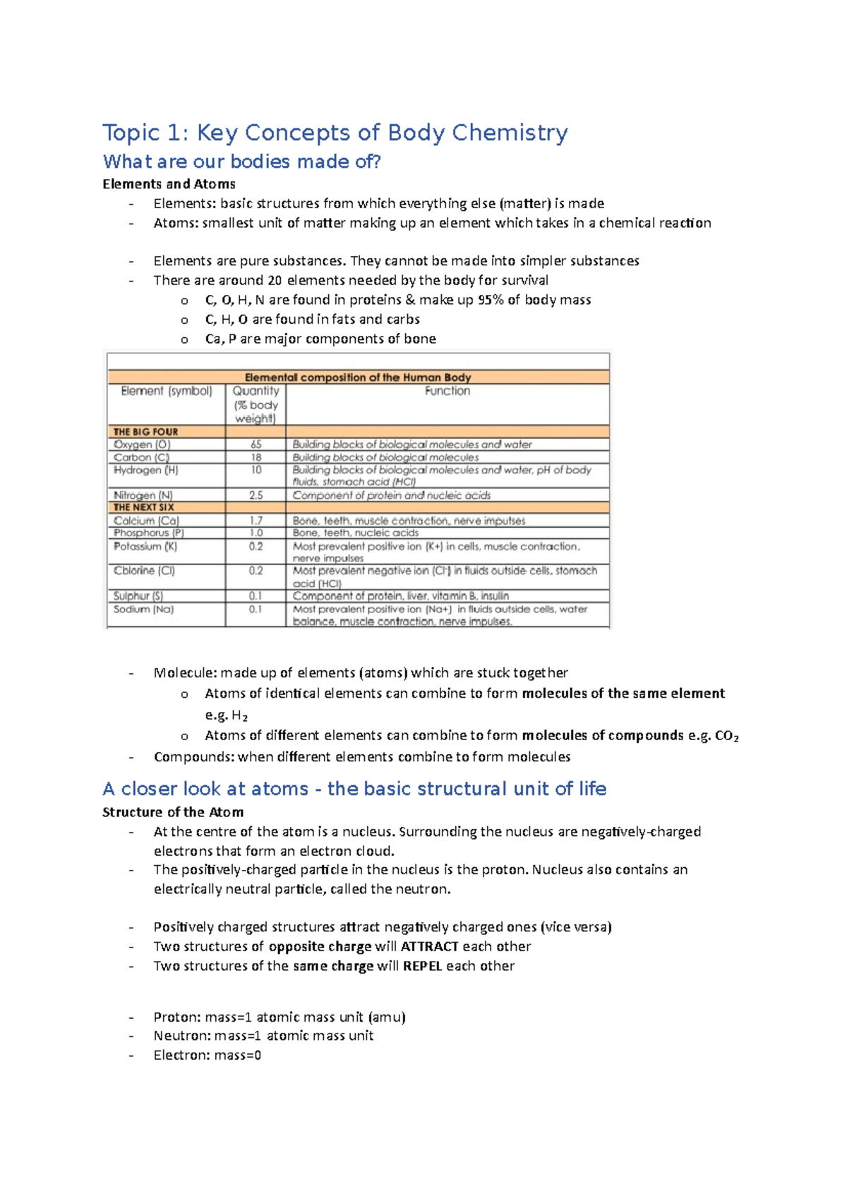 Topic 1-4 Revision notes - Topic 1: Key Concepts of Body Chemistry What ...