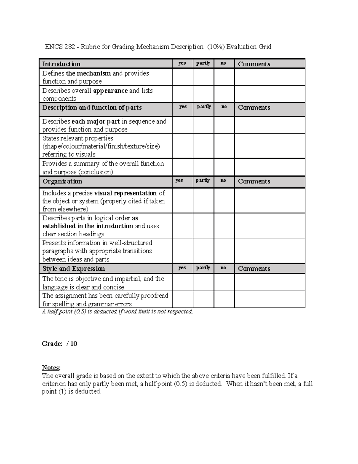 1. Mechanism Description Rubric - ENCS 282 - Rubric for Grading Mechanism Description (10% ...