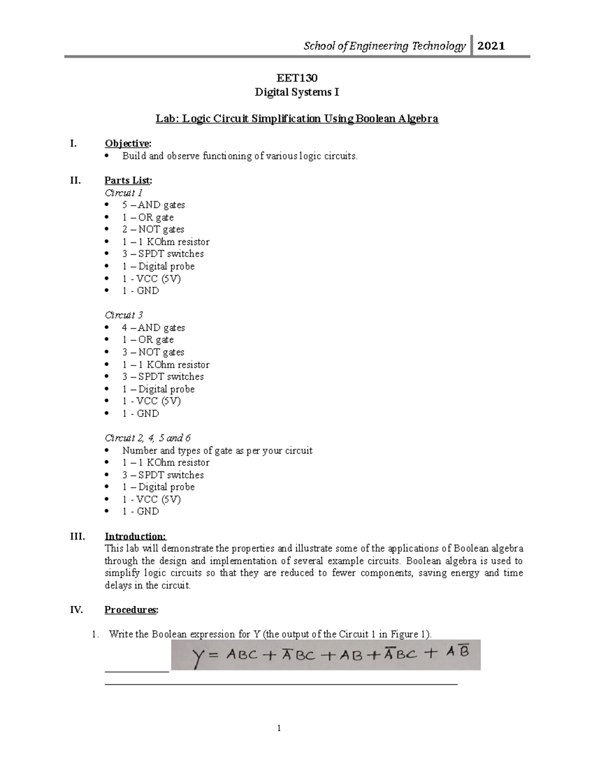 Eet130 33 Lab Assignment 1 Fullah Eet Digital Systems I Lab Logic Circuit Simplification 