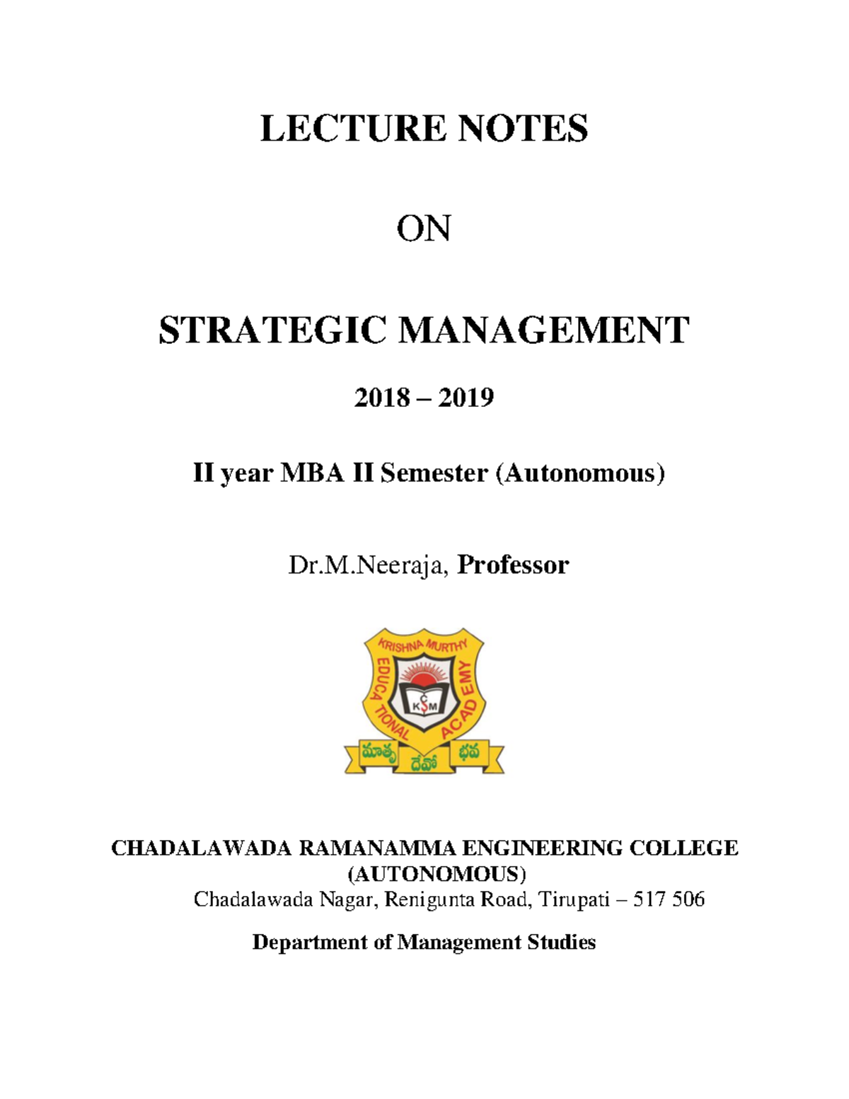 Strategic Management Notes-CREC - LECTURE NOTES ON STRATEGIC MANAGEMENT ...