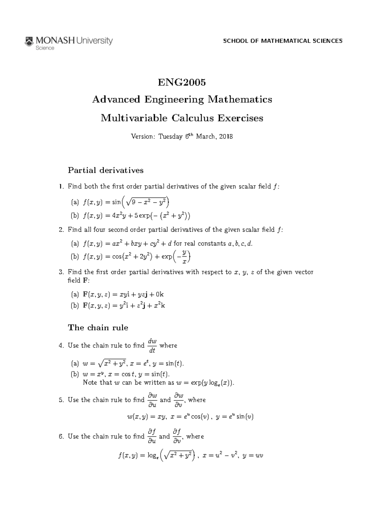 Problem Set 2 - SCHOOL OF MATHEMATICAL SCIENCES ENG2005 Advanced ...