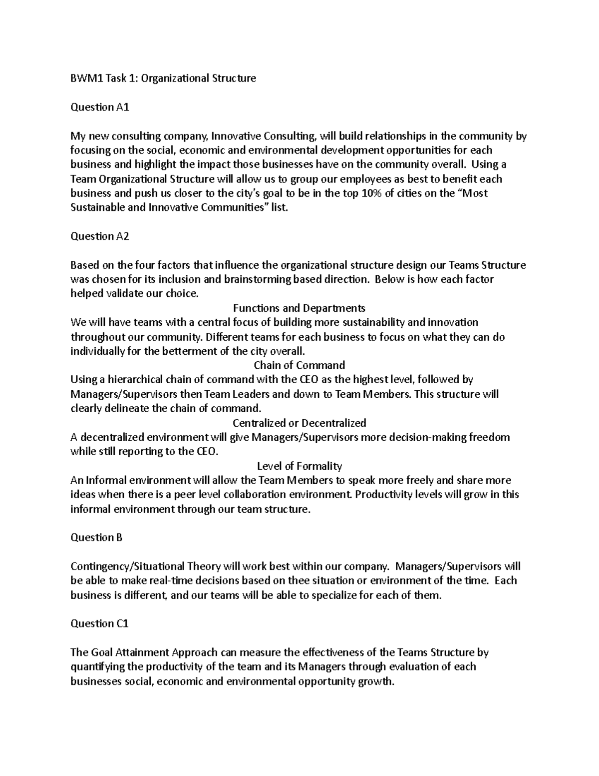 BWM1 Task 1: Organizational Structure Task 1 - BWM1 Task 1 ...