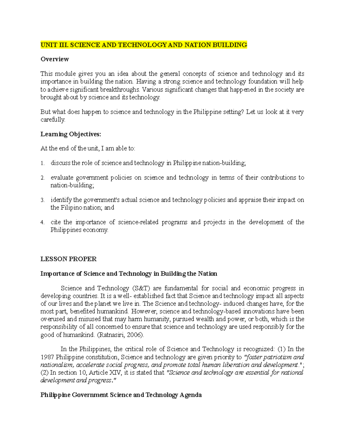 UNIT III - Unit III. Module of STS - UNIT III. SCIENCE AND TECHNOLOGY ...