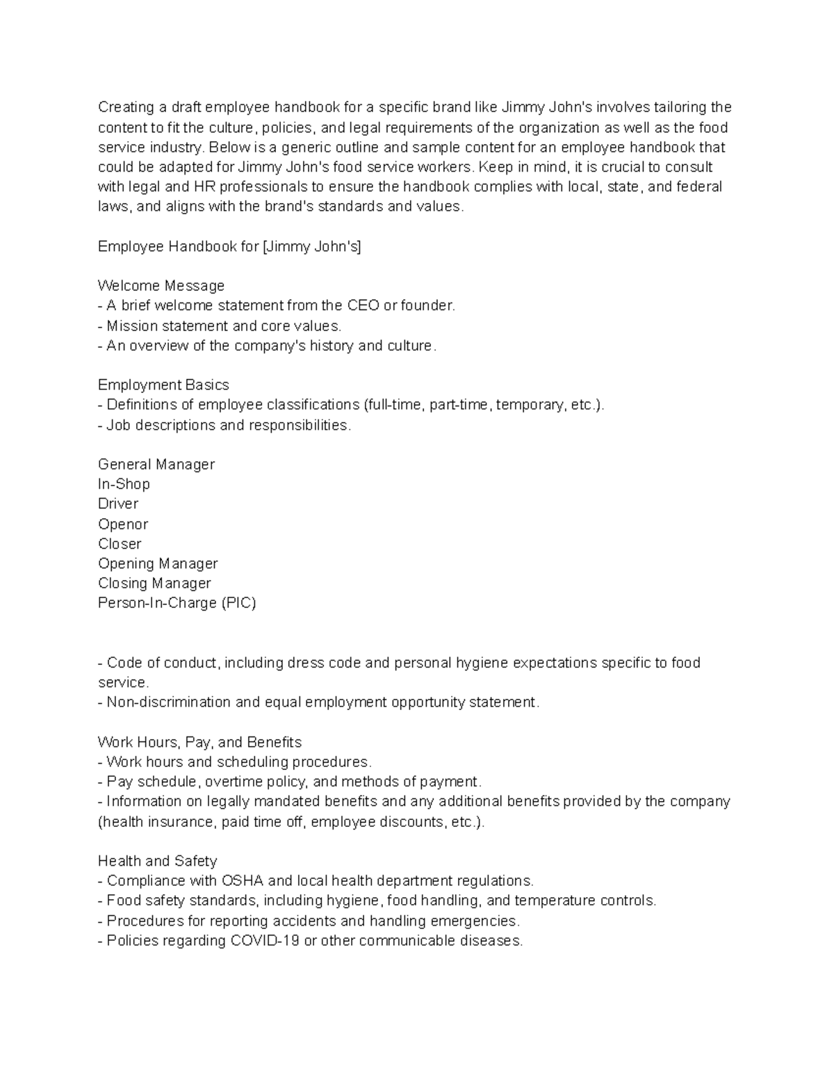 Sample handbook - Creating a draft employee handbook for a specific ...