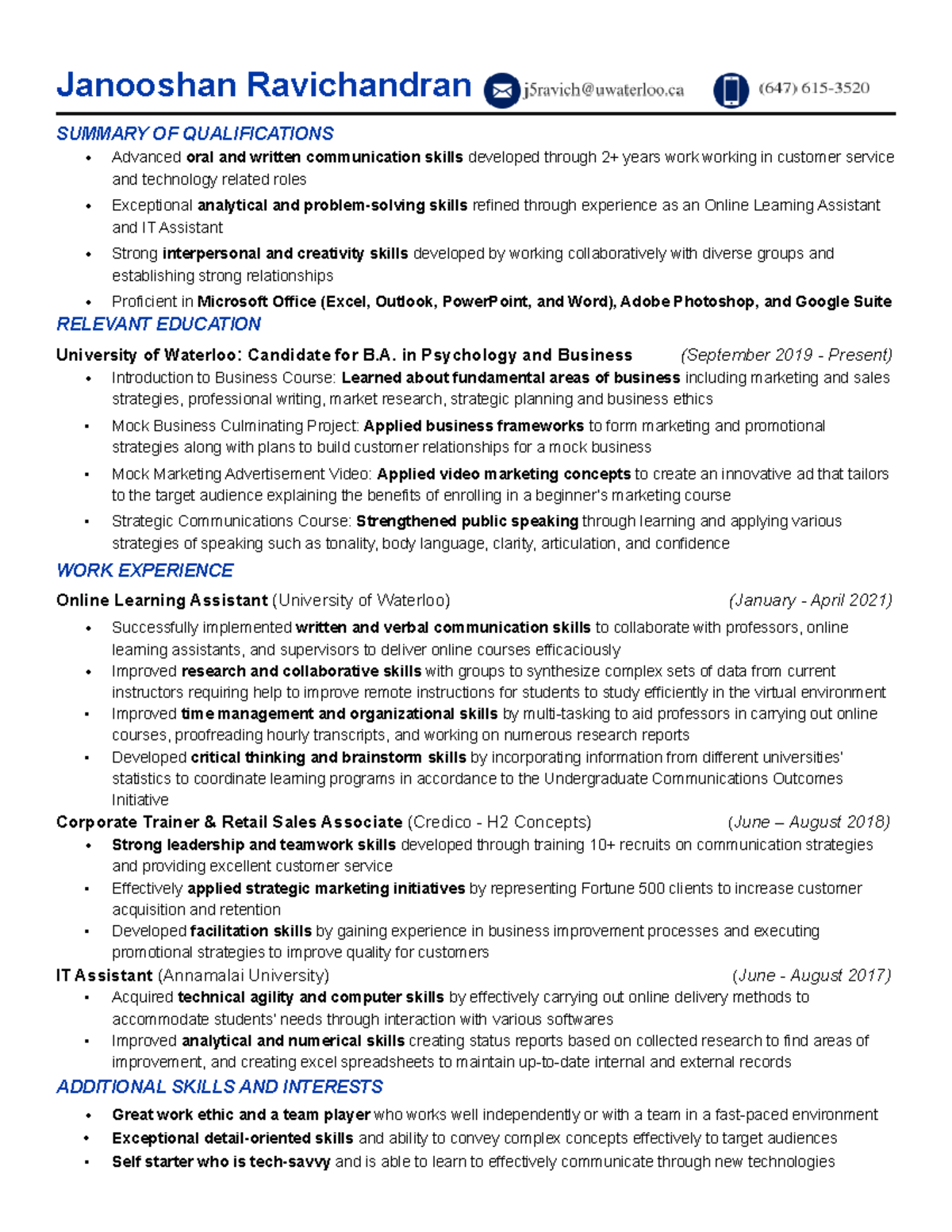 Co-op Resume (3) - Janooshan Ravichandran SUMMARY OF QUALIFICATIONS ...