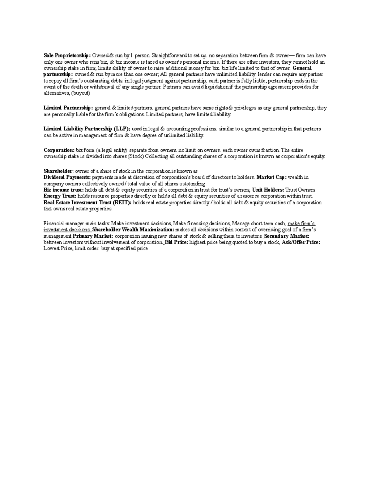 Fin exam notes - njkm, - Sole Proprietorship: Owned & run by 1 person ...