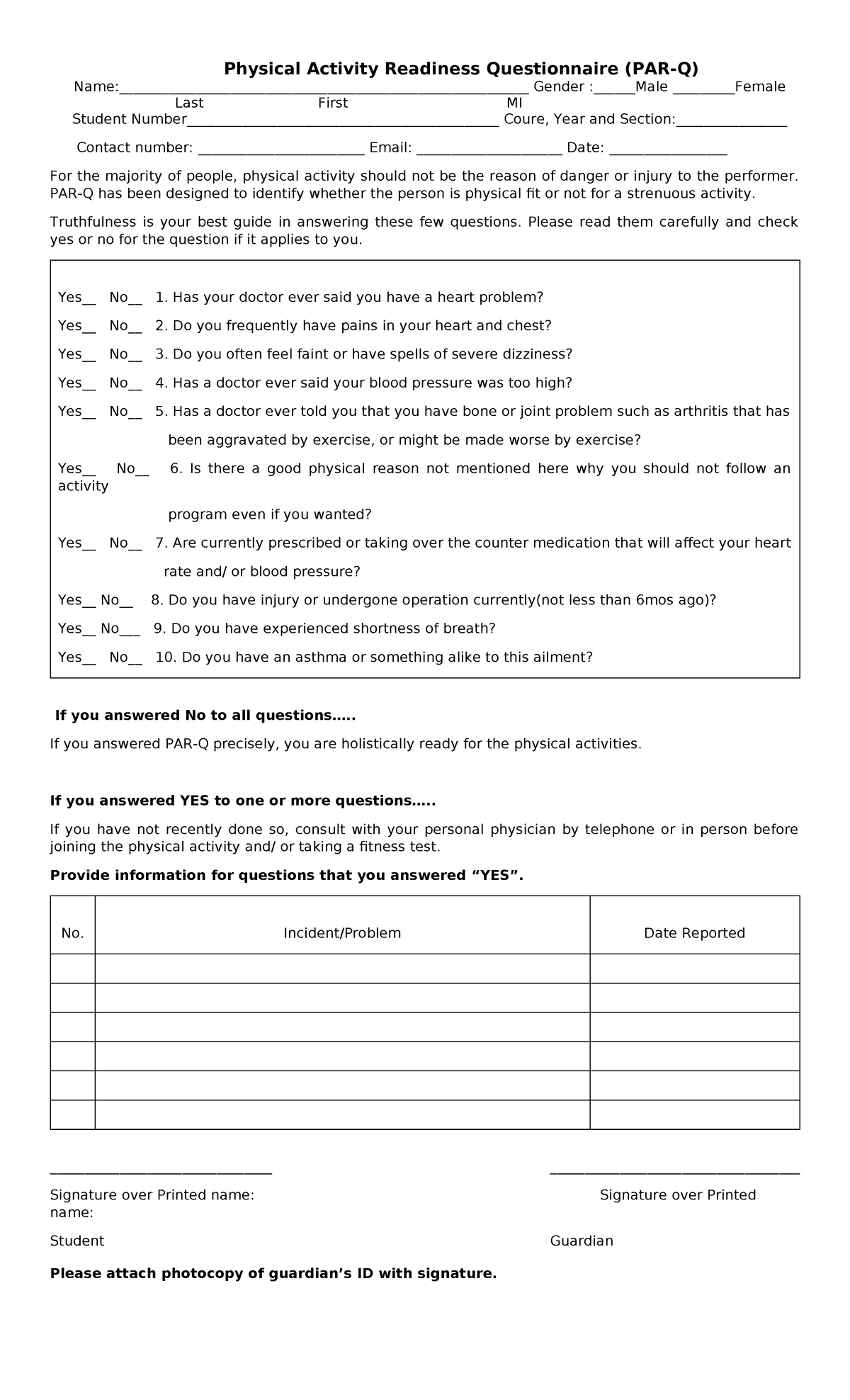 PAR-Q-form - None - Physical Activity Readiness Questionnaire (PAR-Q ...