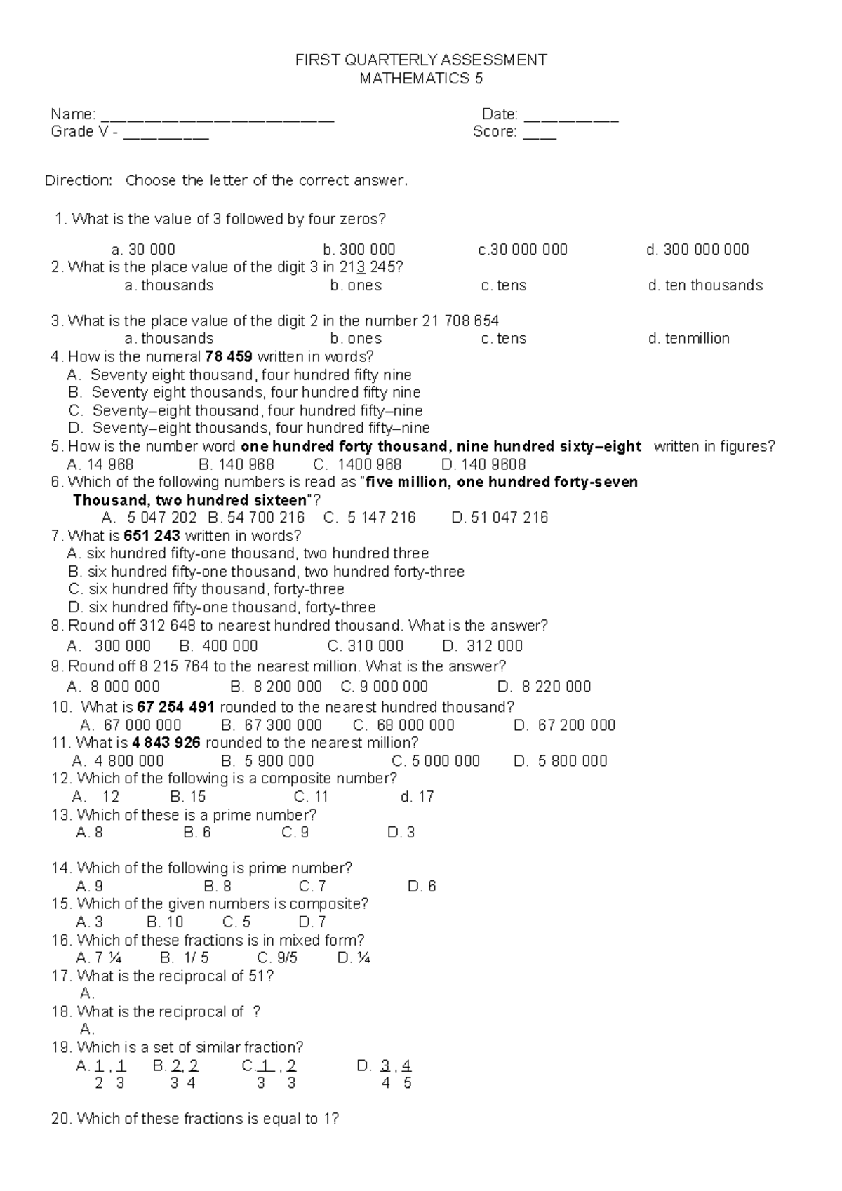 MATH- Assessment - freedom lopez - FIRST QUARTERLY ASSESSMENT ...
