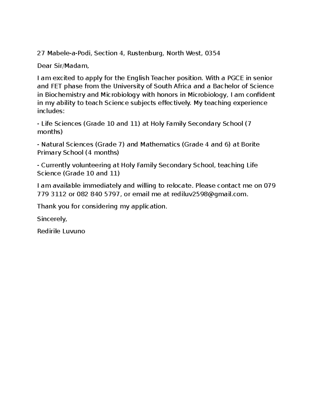 Cover letter 1 - 27 Mabele-a-Podi, Section 4, Rustenburg, North West ...