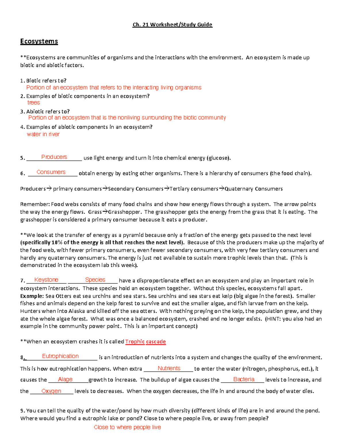 Ch. 21 Ecosystems - Ch. 21 Worksheet/Study Guide Ecosystems ...