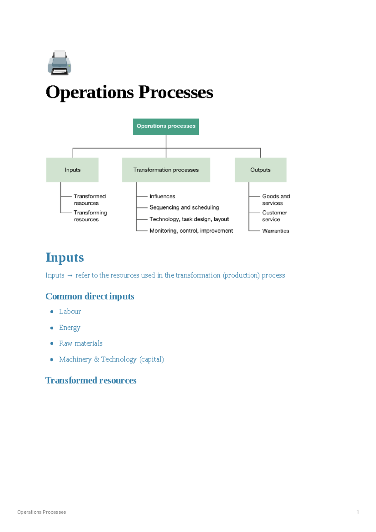 Business Studies HSC Operations Processes - 🖨 Operations Processes Inputs Inputs → refer to the ...
