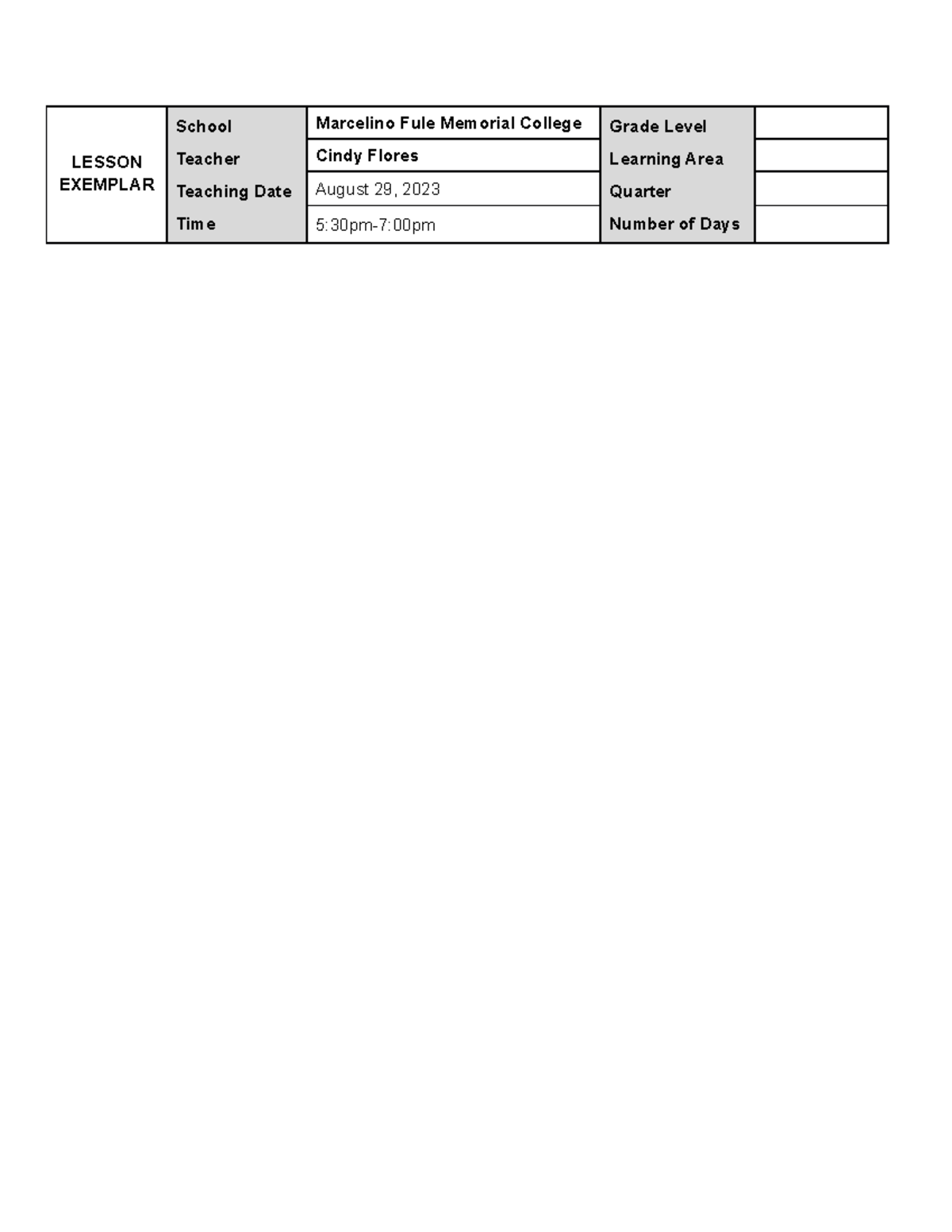 LECindy - Lesson exampler - LESSON EXEMPLAR School Teacher Teaching ...