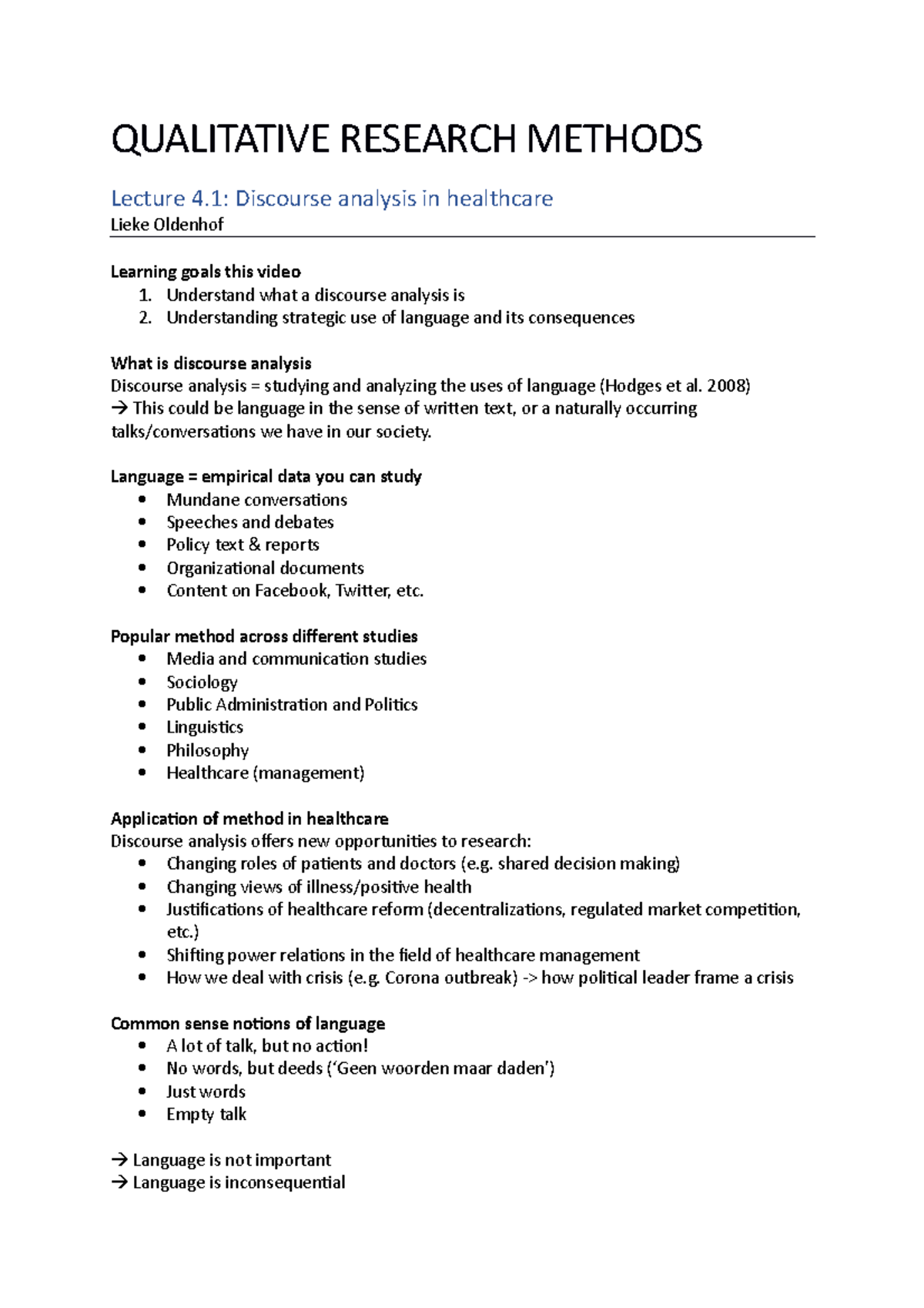Lecture discourse analysis - QUALITATIVE RESEARCH METHODS Lecture 4 ...