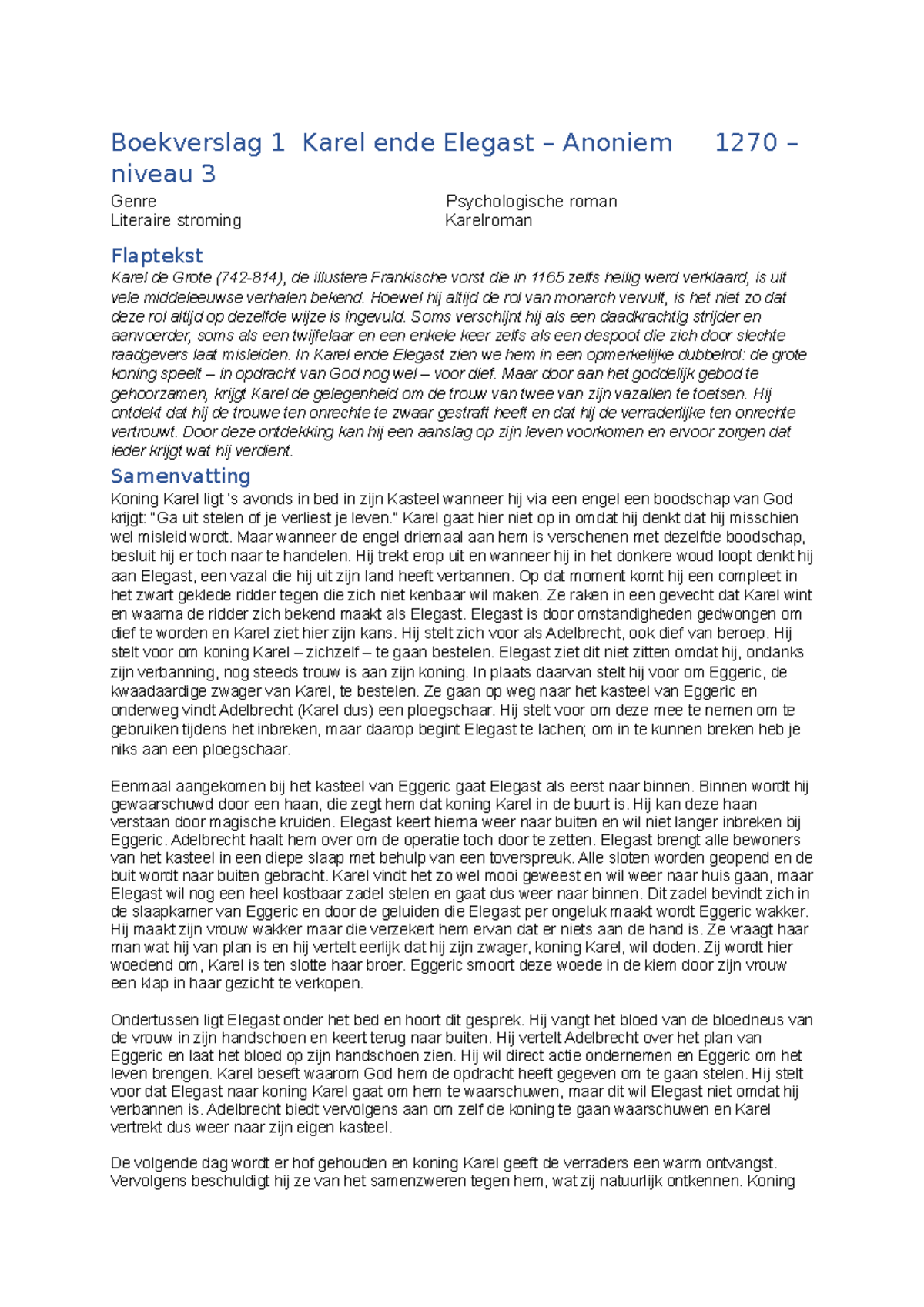 Boekverslag 1 Karel ende Elegast - Boekverslag 1 Karel ende Elegast – Anoniem 1270 – niveau 3 ...