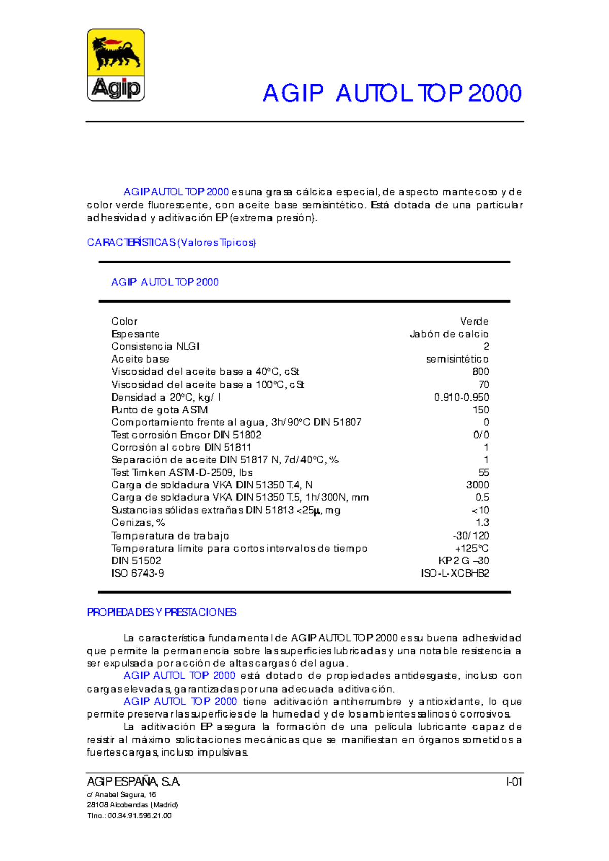 Grasa Autol top 2000 FT - Kg - AG IP AUTO L TO P 2000 AGIP ESPAÑA, S. I ...