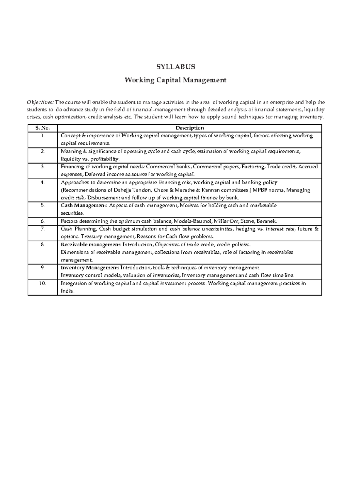 Working Capital Management Notes - SYLLABUS Working Capital Management ...