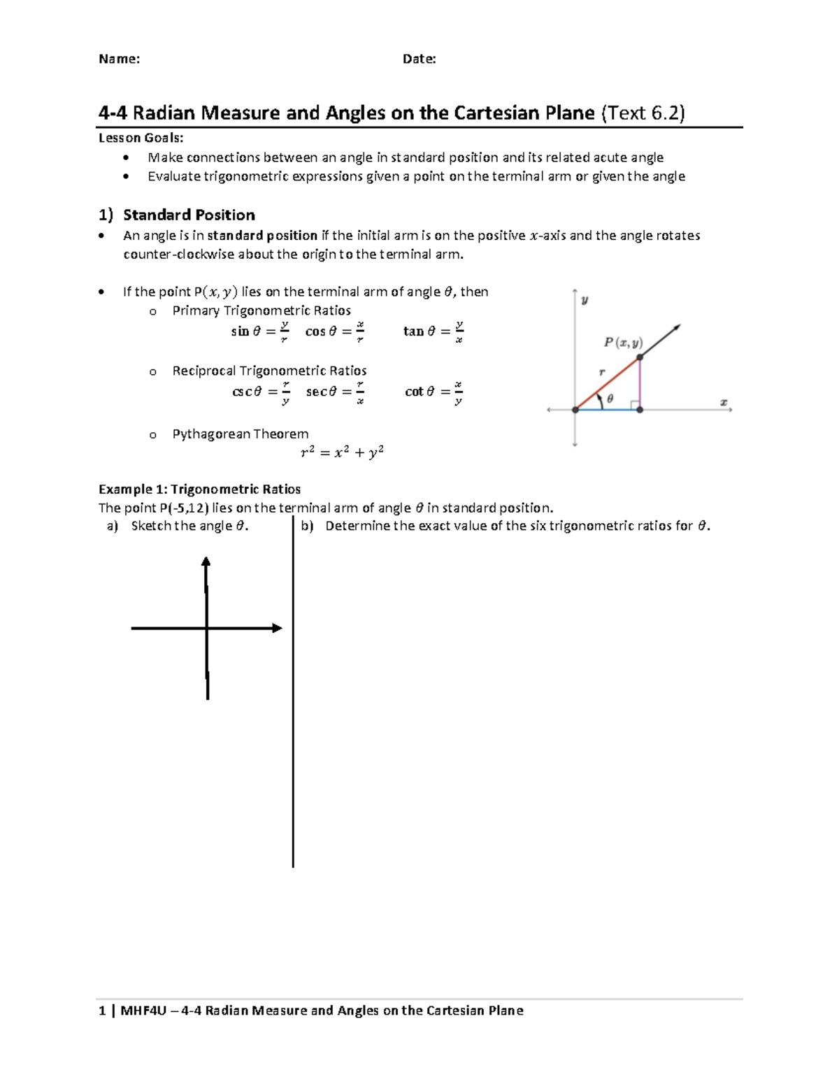 4-4 Radian Measure and Angles on the Cartesian Plane - • If the point P ...