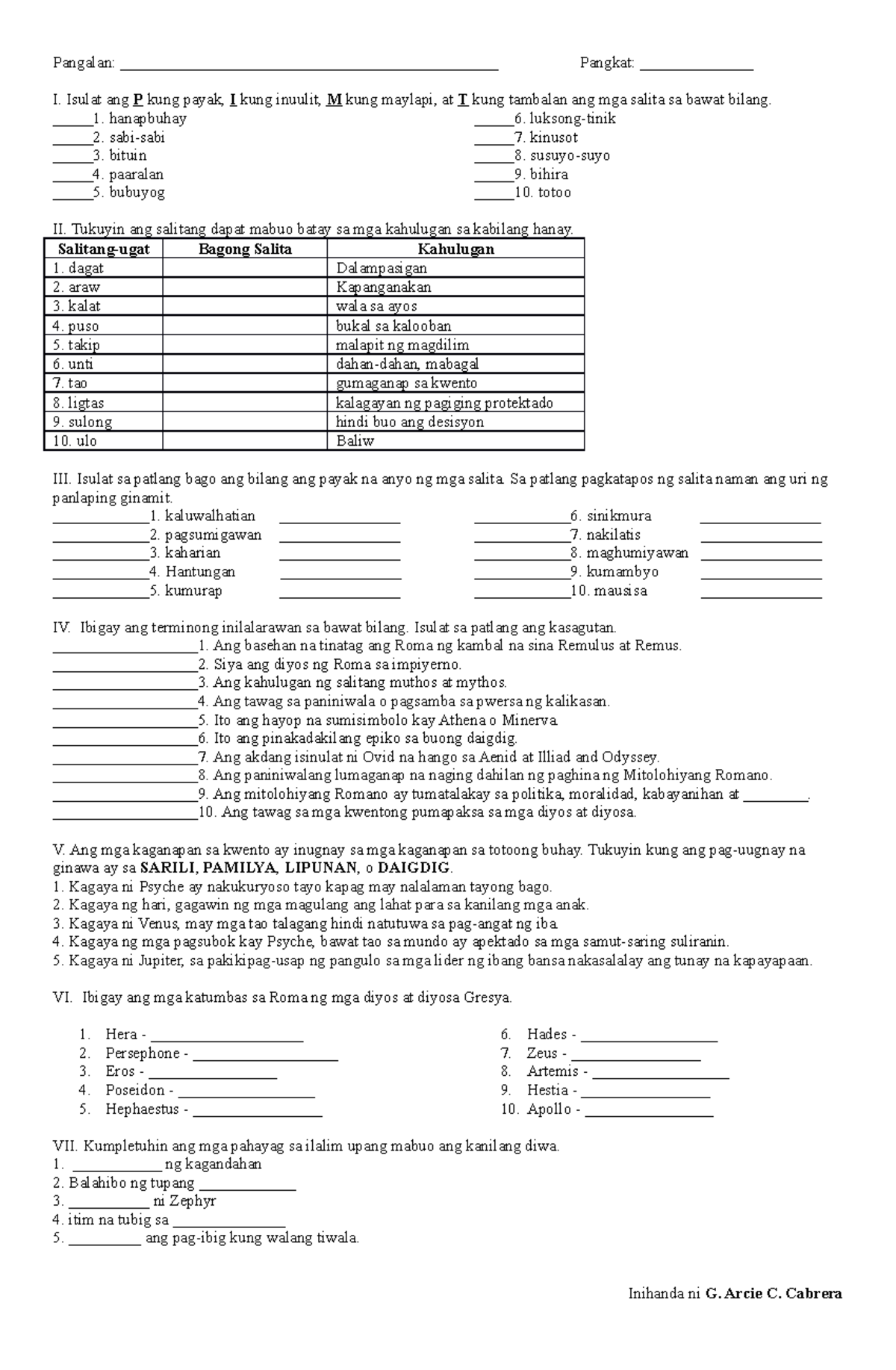 Kwiz 1 - Quiz or assessment in Filipino about Roman Myth - Pangalan ...