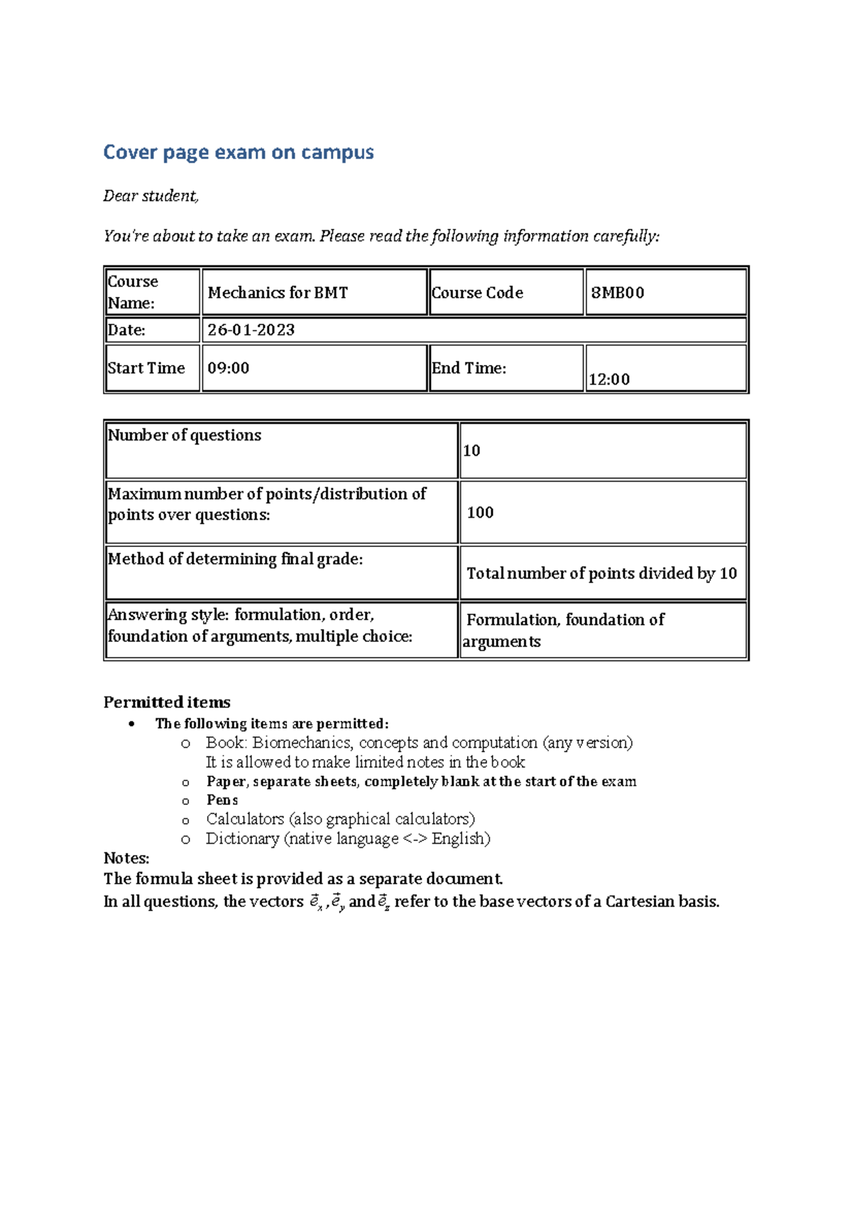 Exam1 2023+answers - examen - Cover page exam on campus Dear student ...
