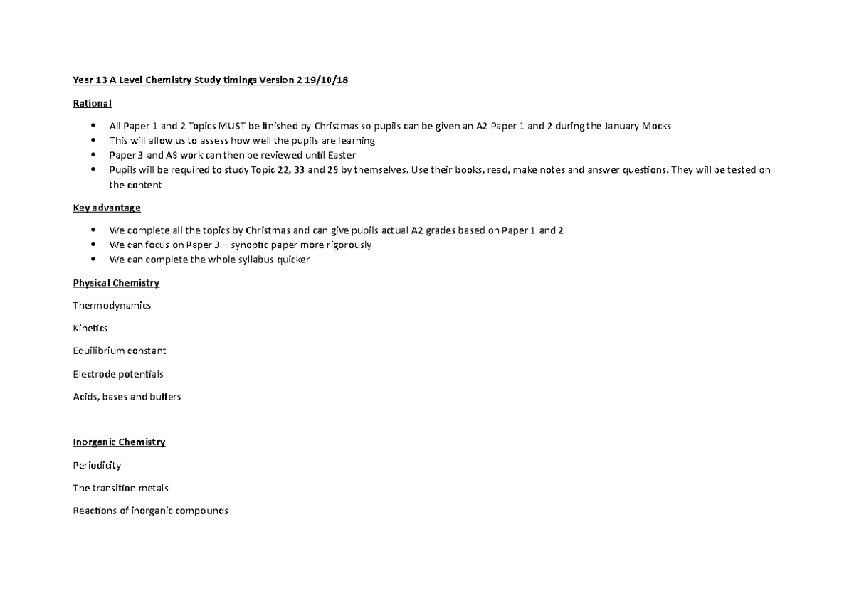 Year 13 A Level Chemistry Study timings v2 - Use their books, read ...