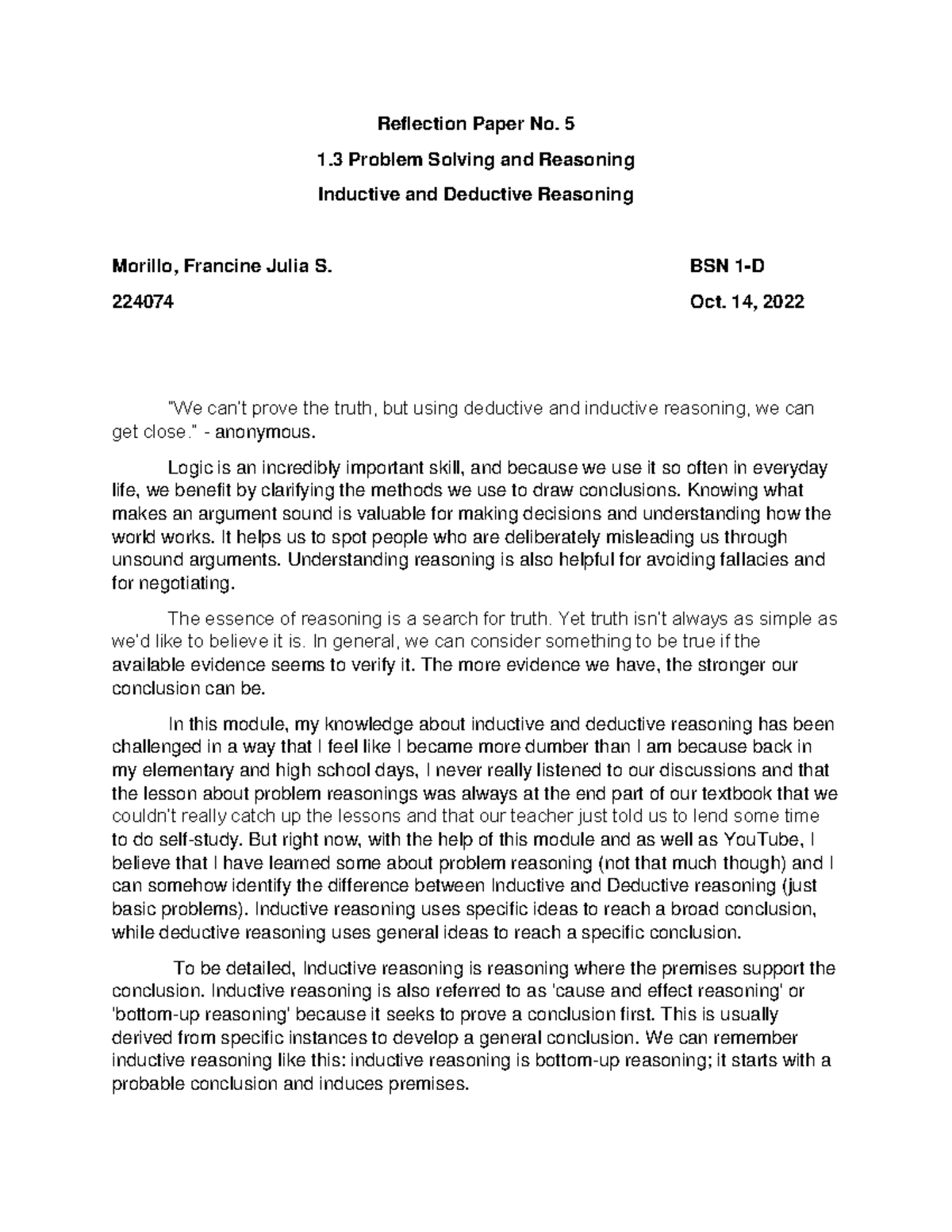 BSN 1-D MMW Reflection 5 Morillo, Francine Julia - Reflection Paper No ...