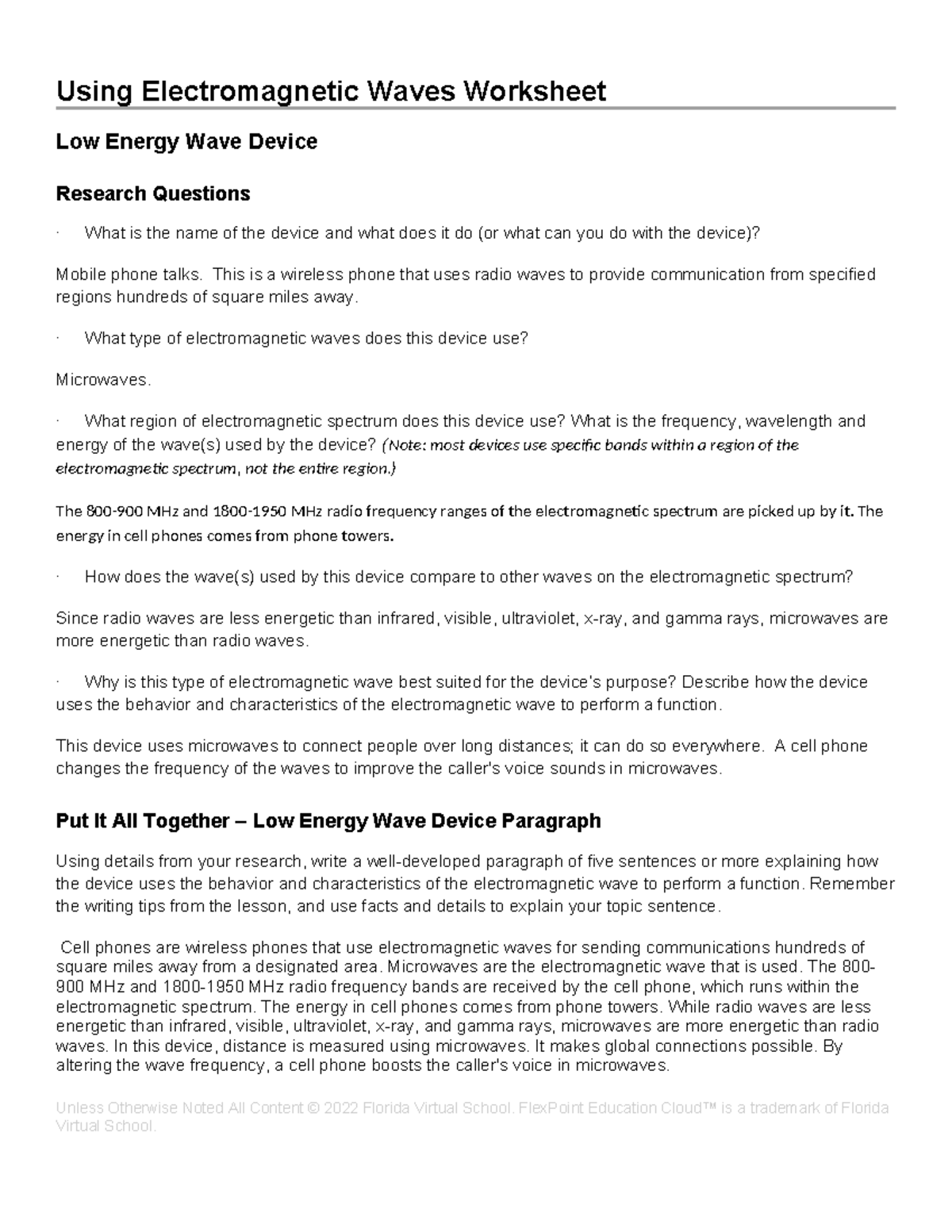 3.05 - Using EM Waves - Using Electromagnetic Waves Worksheet Low ...