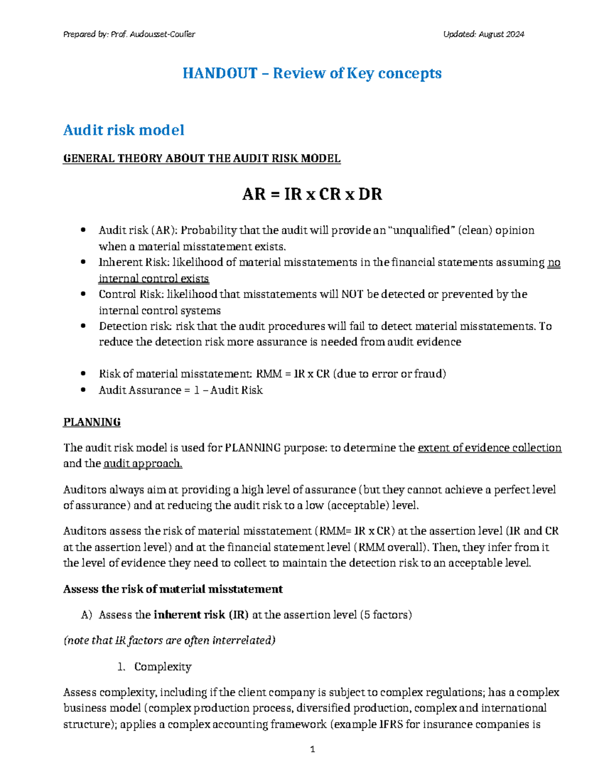 Lecture 1 Handout - HANDOUT – Review of Key concepts Audit risk model ...