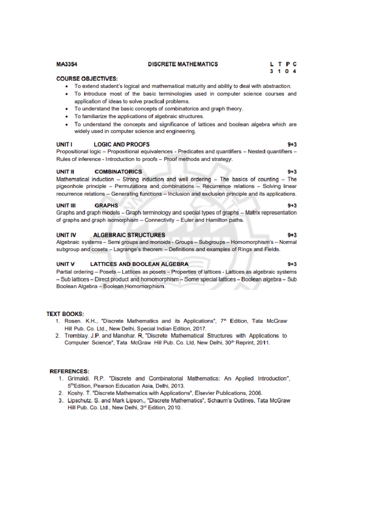 Syllabus - MA3354 DISCRETE MATHEMATICS LTPC 3104 COURSE OBJECTIVES: To extend logical and - Studocu