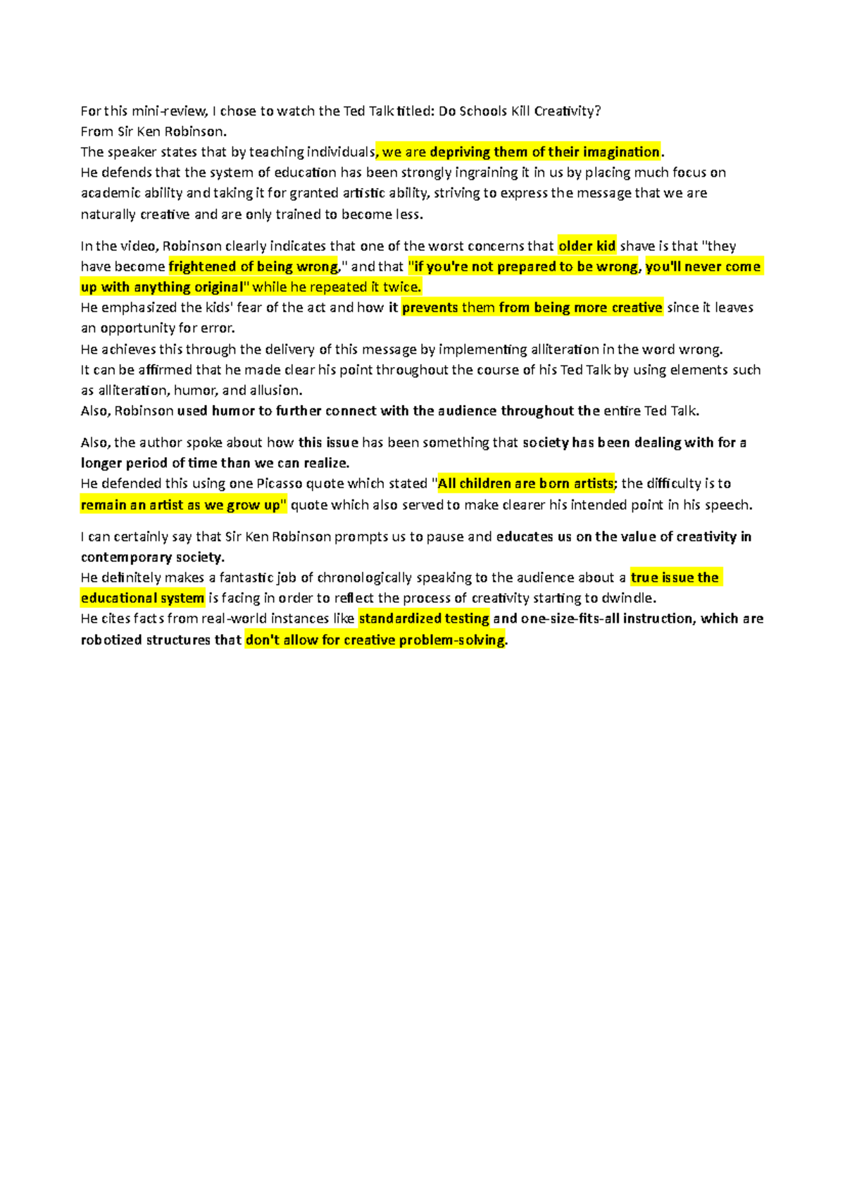 Do school kill creativity - For this mini-review, I chose to watch the ...