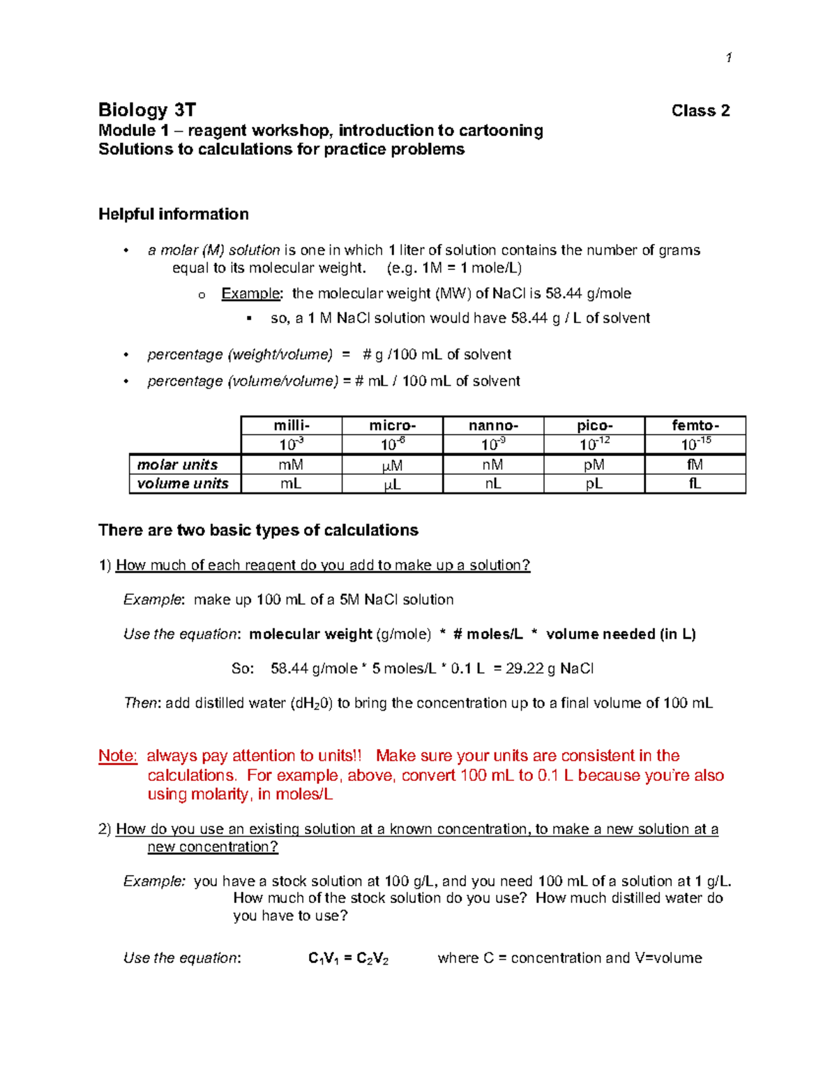 Class 2 - Practice problems solutions - Biology 3T Class 2 Module 1 ...