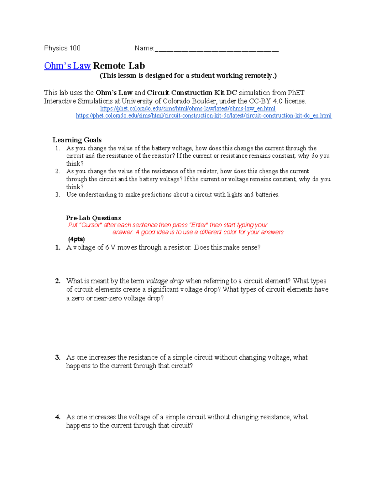 Ohms Law - phet stimulation - Physics 100 Name ...