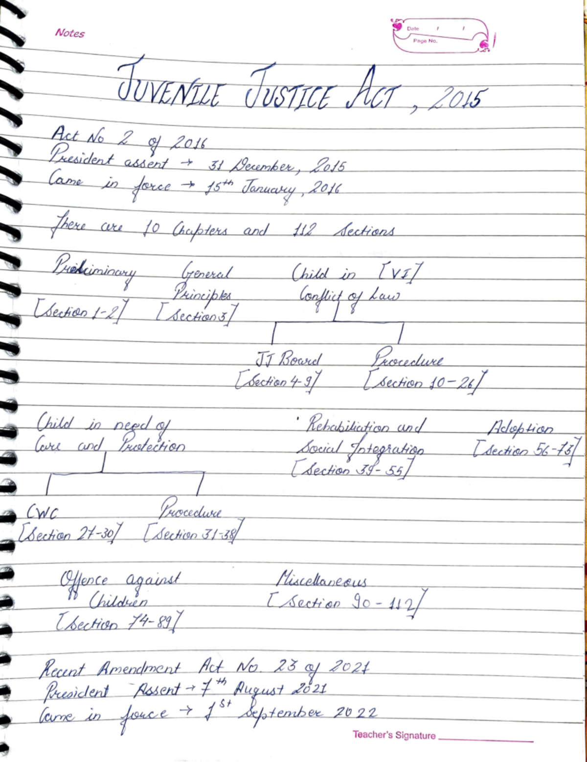 Handwritten Juvenile Justice Act - Notes ' ~o I f Teacher's Signatu,e ...