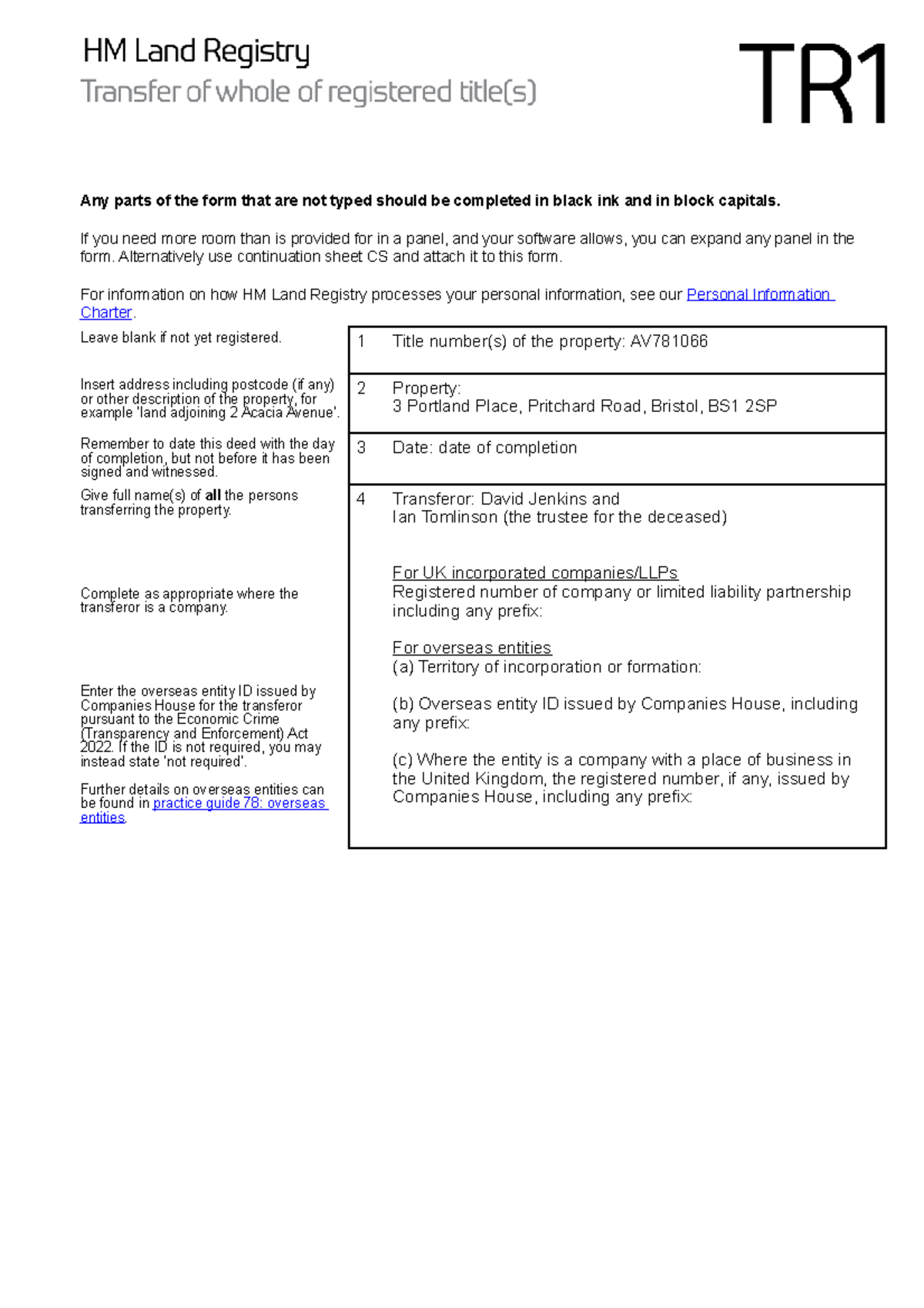 TR1 3 Portland Place - Any parts of the form that are not typed should ...